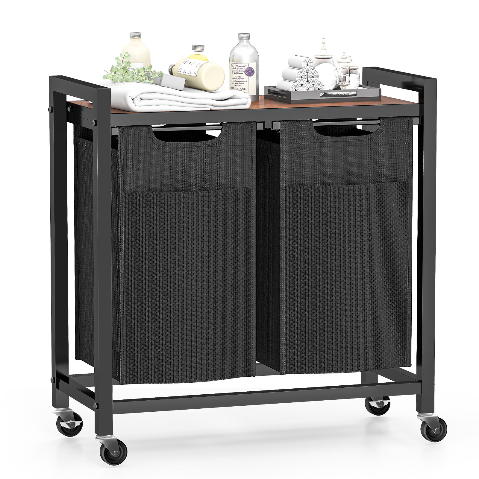 Heimo 2-Compartment Pull-Out Detachable Laundry Basket With Wheels ...