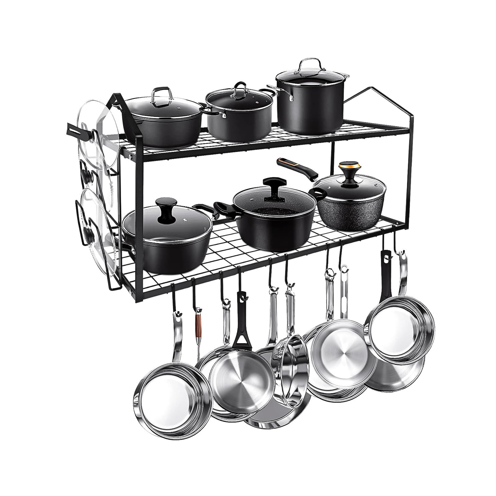 Prep & Savour Wall Mounted Pot And Lid Rack, 2 Tiers Pots And Pans ...