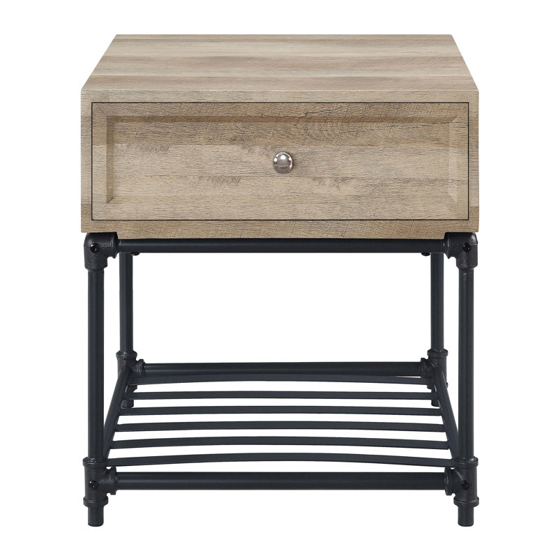 17 Stories Oak and Sandy Black End Table with Slatted Lower Shelf | Wayfair