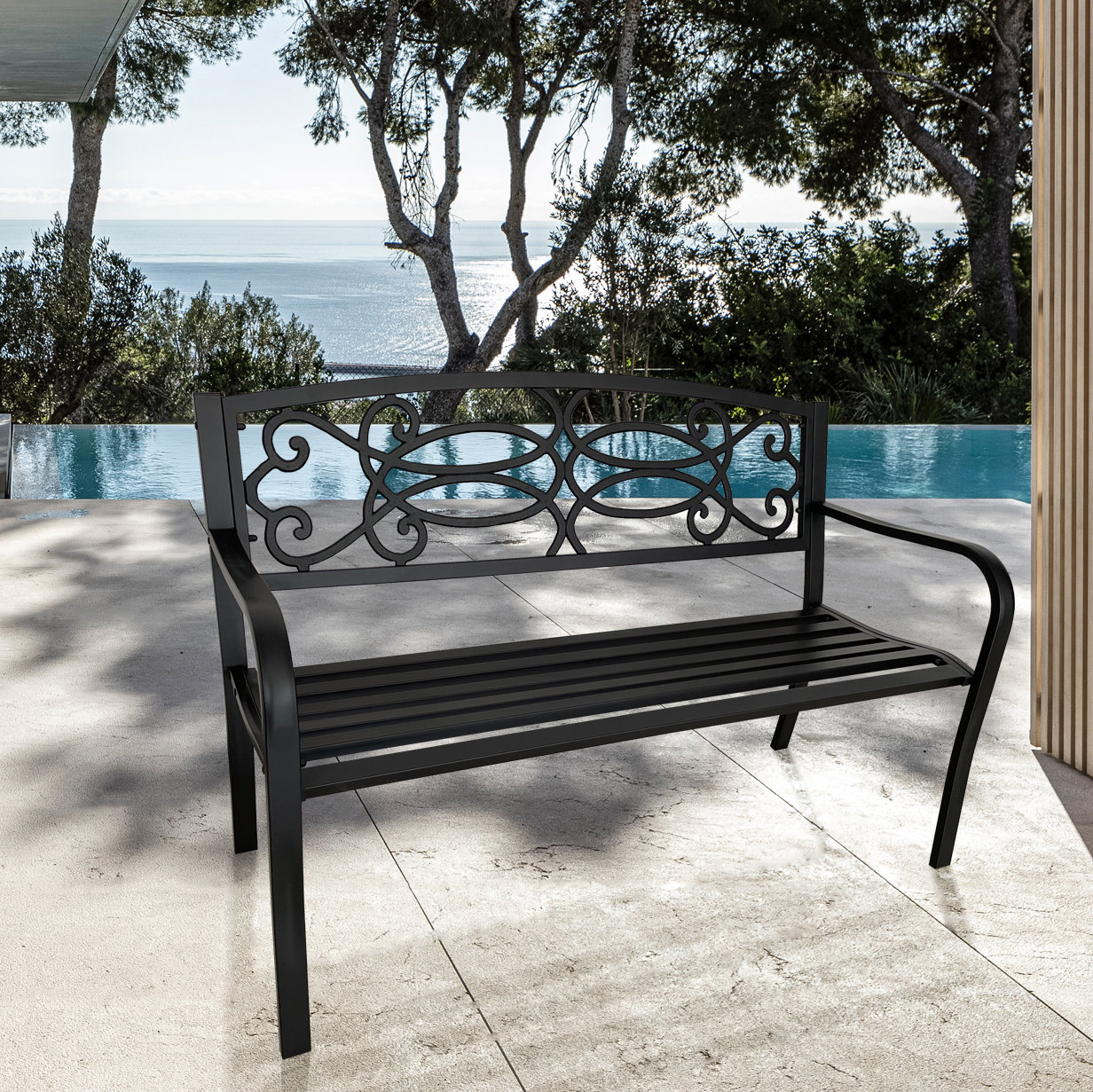 Winston Porter DAVEE FURNITURE Outdoor Matt Black Metal Bench - Wayfair ...