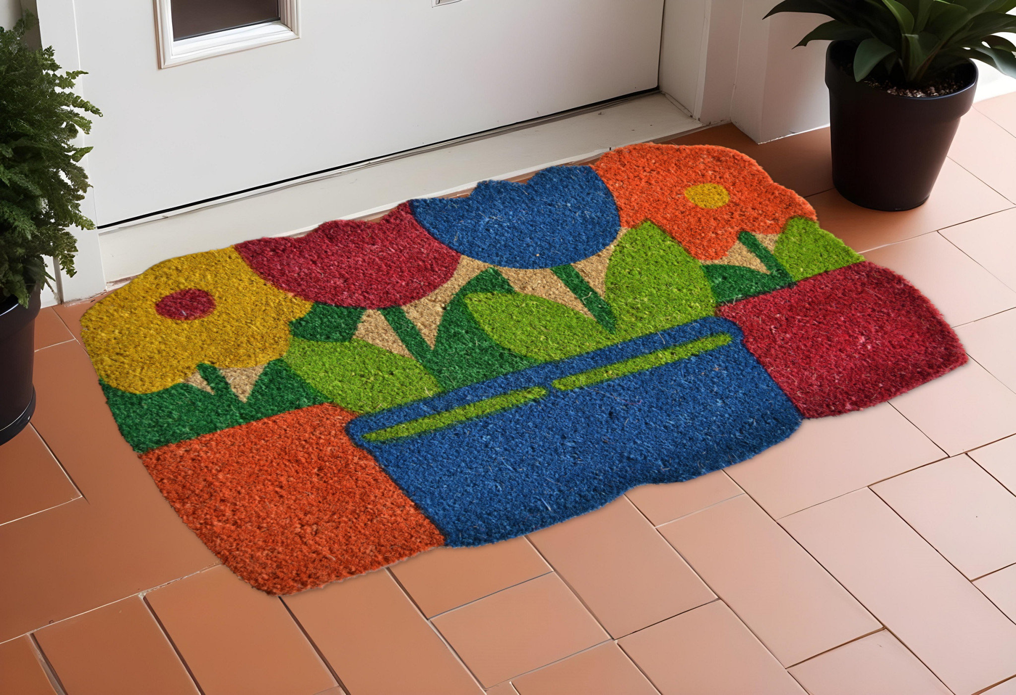 HomeRoots 18" X 30" Blue and Red Coir Floral Outdoor Door Mat | Wayfair