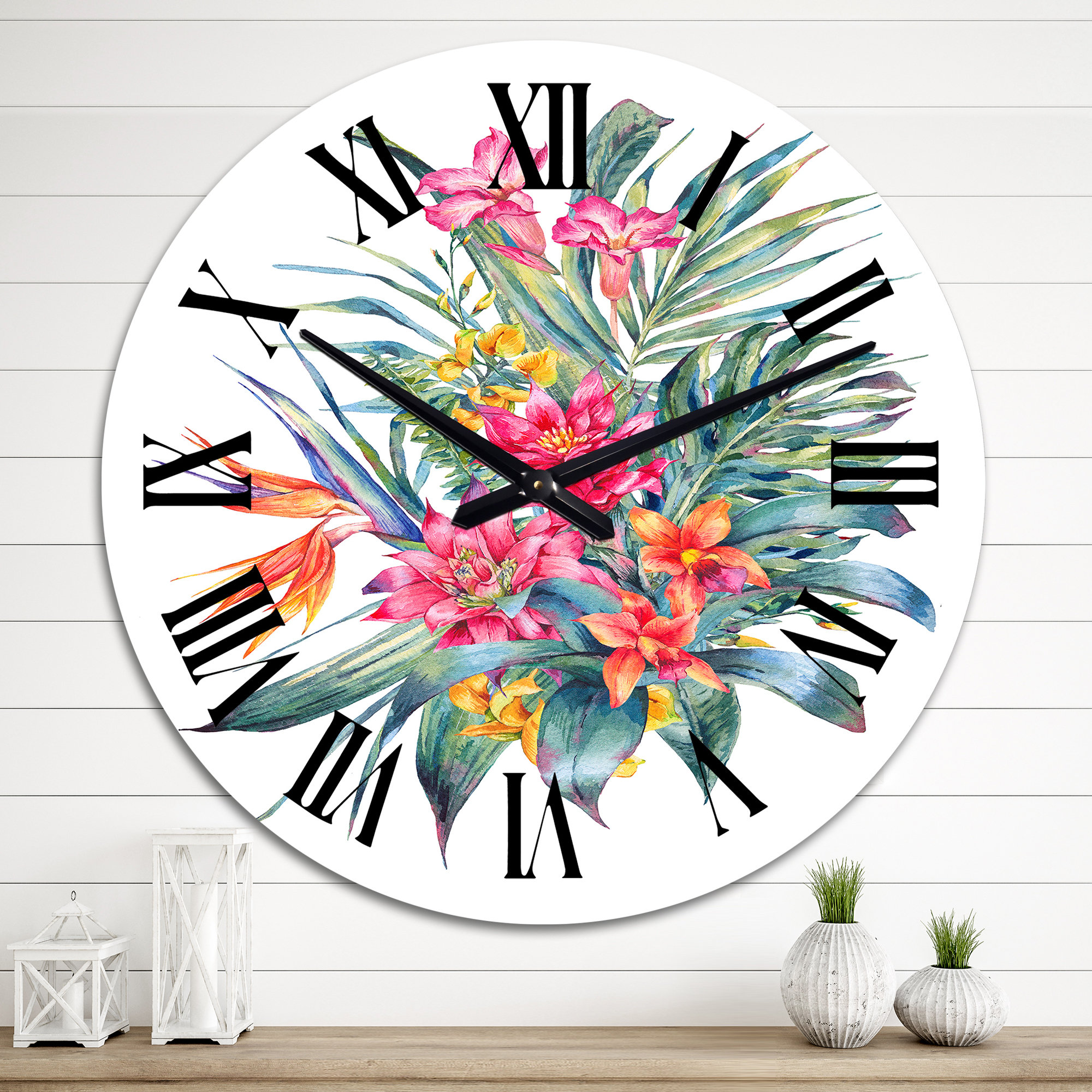 East Urban Home Bouquet Of Tropical Red Flowers - Tropical Wall Clock ...