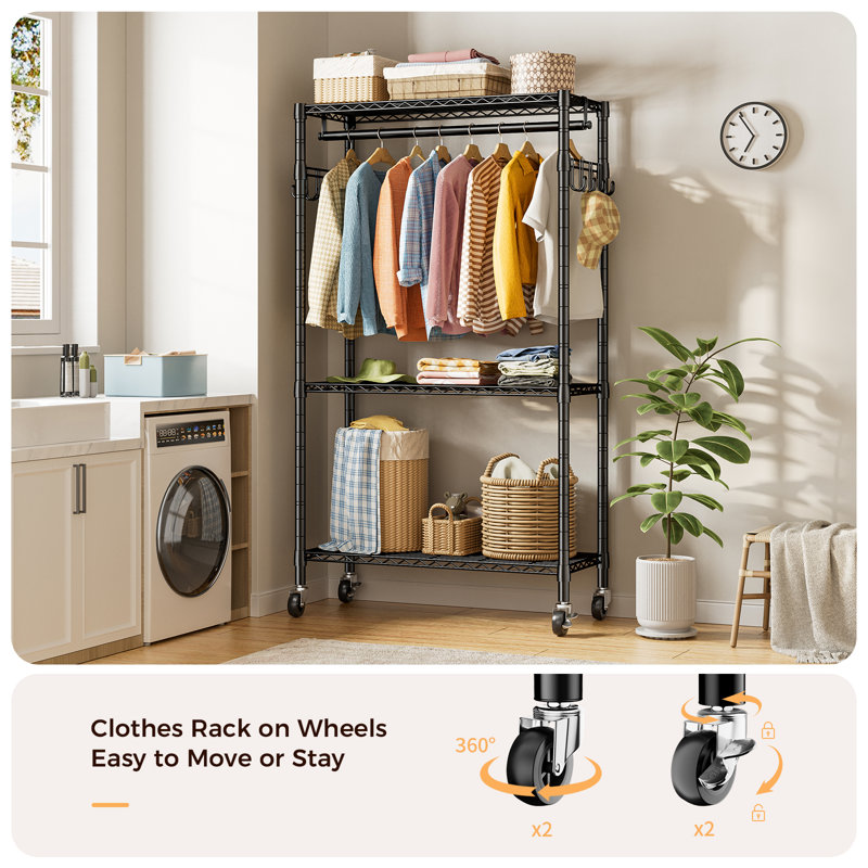Rebrilliant 35.4'' Metal Rolling Clothes Rack, Portable Closet Racks ...