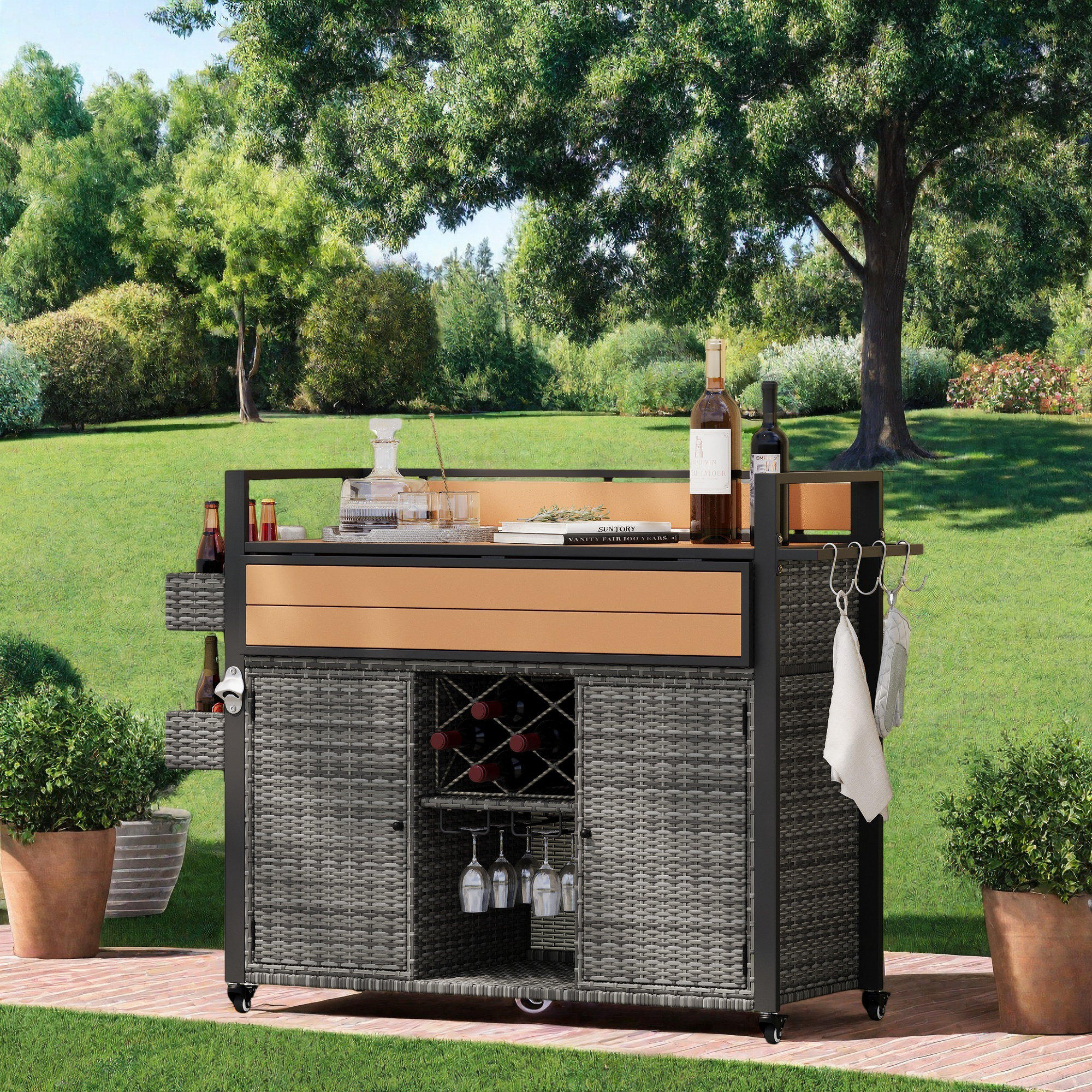 Latitude Run® Outdoor Grill Cart With Storage, Rattan & Steel Bbq Table ...