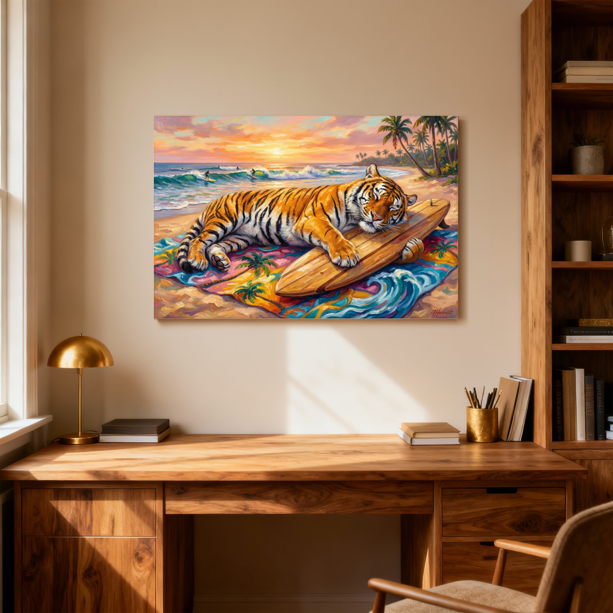Bay Isle Home™ Animals Tiger Resting On Surfboard Beach Sunset Palm ...