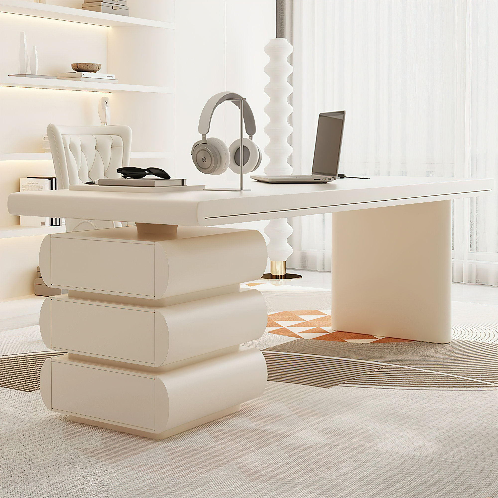 Brayden Studio® 63"Cream 3-Drawer Writing Desk With Storage | Wayfair