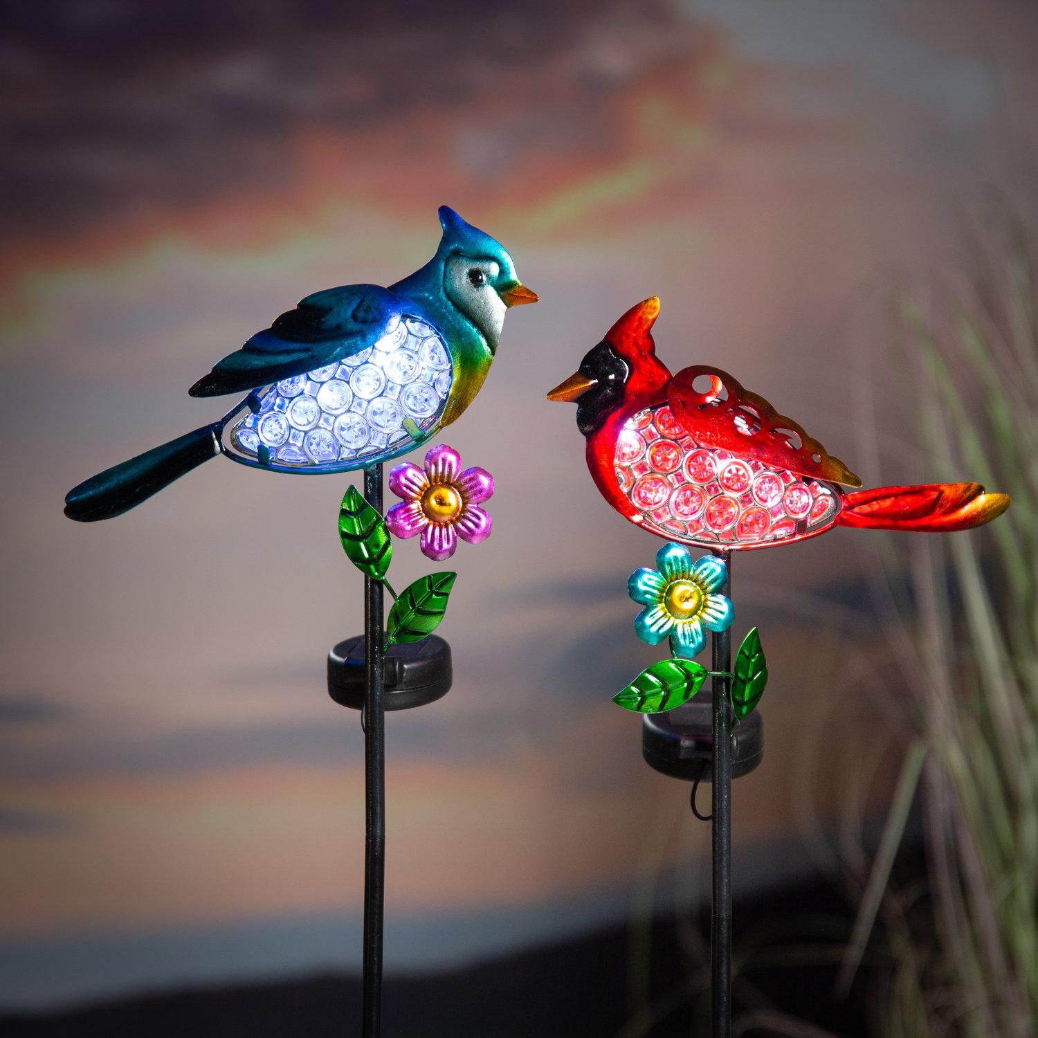 Arlmont & Co. Sarvar 2 35"H Solar Jeweled Blue Jay & Cardinal Garden ...