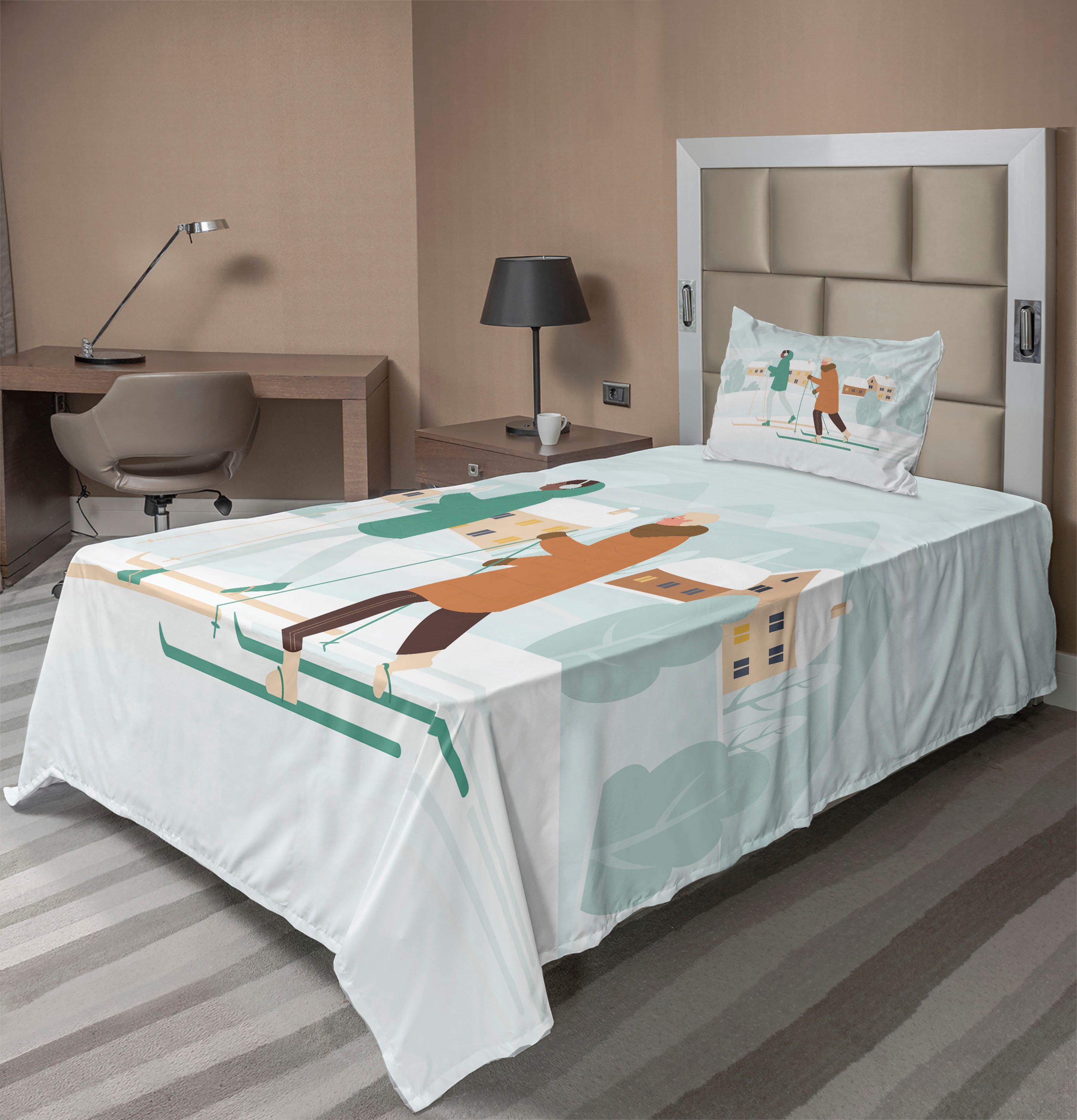 Ambesonne Skiing Sheet Set Cartoon People Snowy Trees Pale Vermilion ...