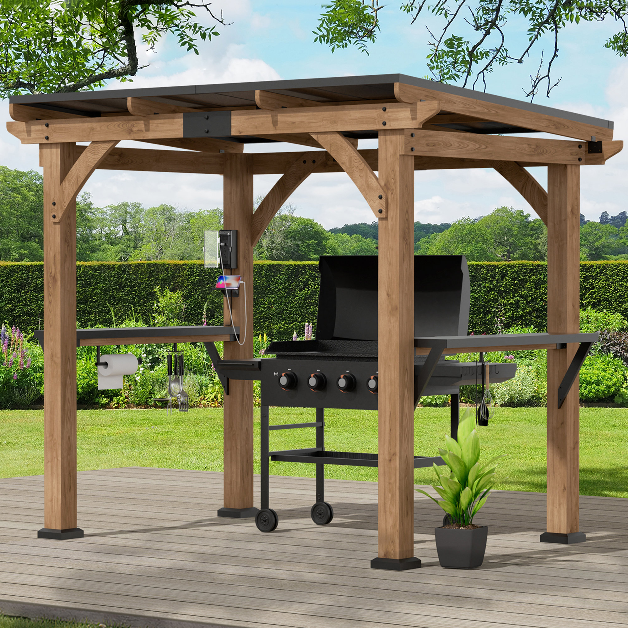 MODERN SHADE OUTDOOR LIVING SPACES Fusion 6‘ X 8’ Cedar Wood Hardtop ...