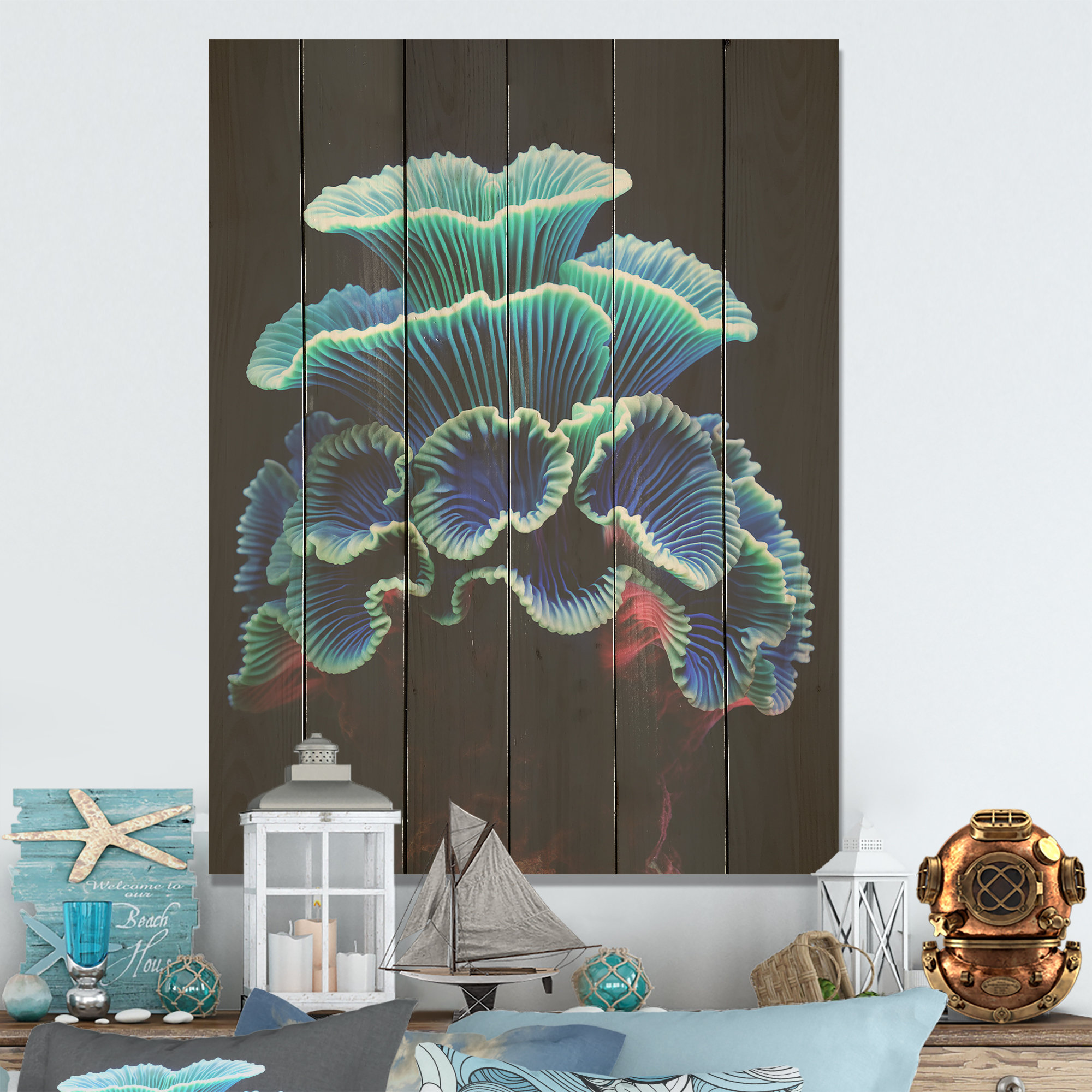 Beachcrest Home™ Blue Anemone Reef - Coastal Coral Under Water Wood ...