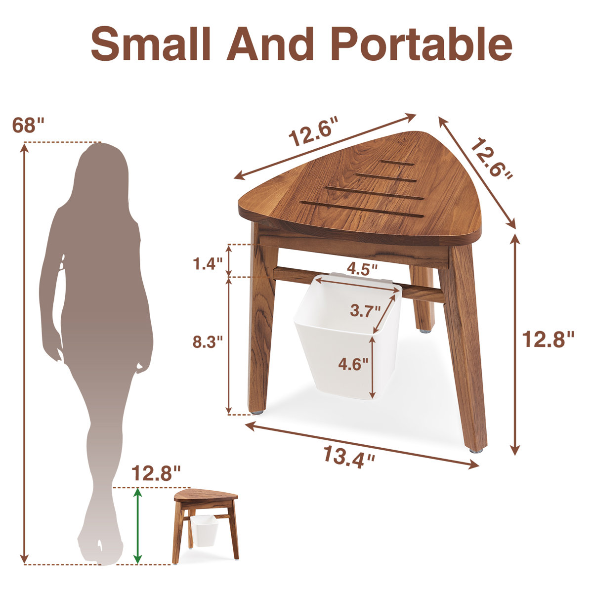 Ebern Designs Teak Shower Stool For Shaving, Teak Corner Shower Bench ...