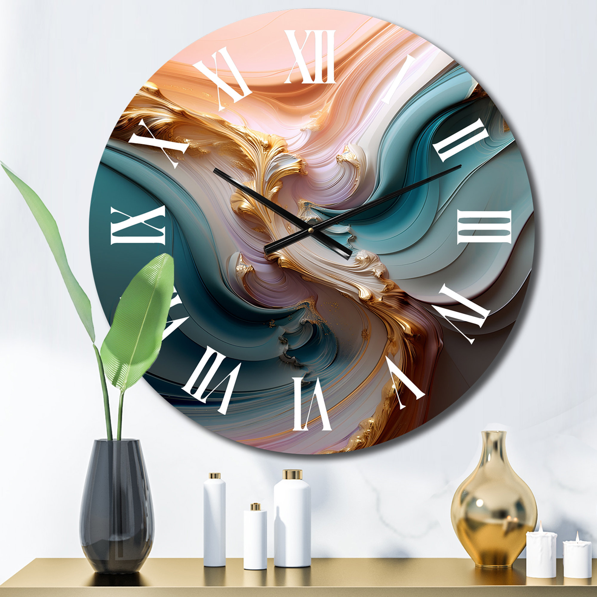 Design Art Exquisite Wave Symphony Liquid Gold Pink Blue III Wall Clock ...