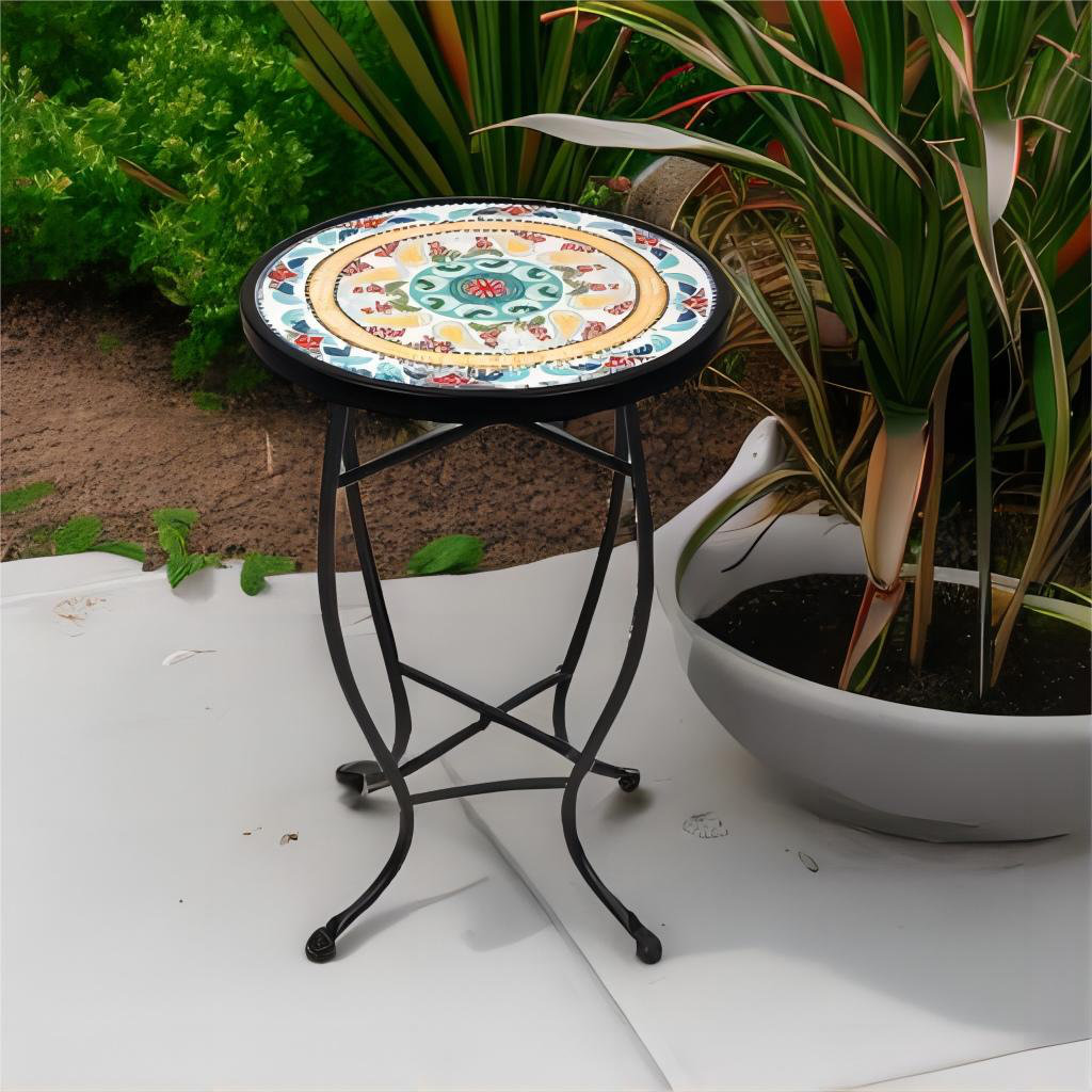 Canora Grey 14 Inch Round Side Ceramic Tile Top Indoor And Outdoor Accent Table, Pineapple ...