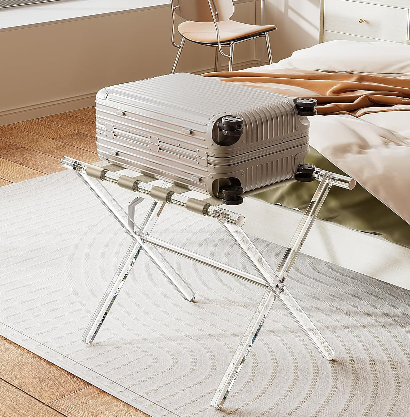 FULOFY 28"H Beige Acrylic Foldable Luggage Rack with Leather Straps, 60 ...