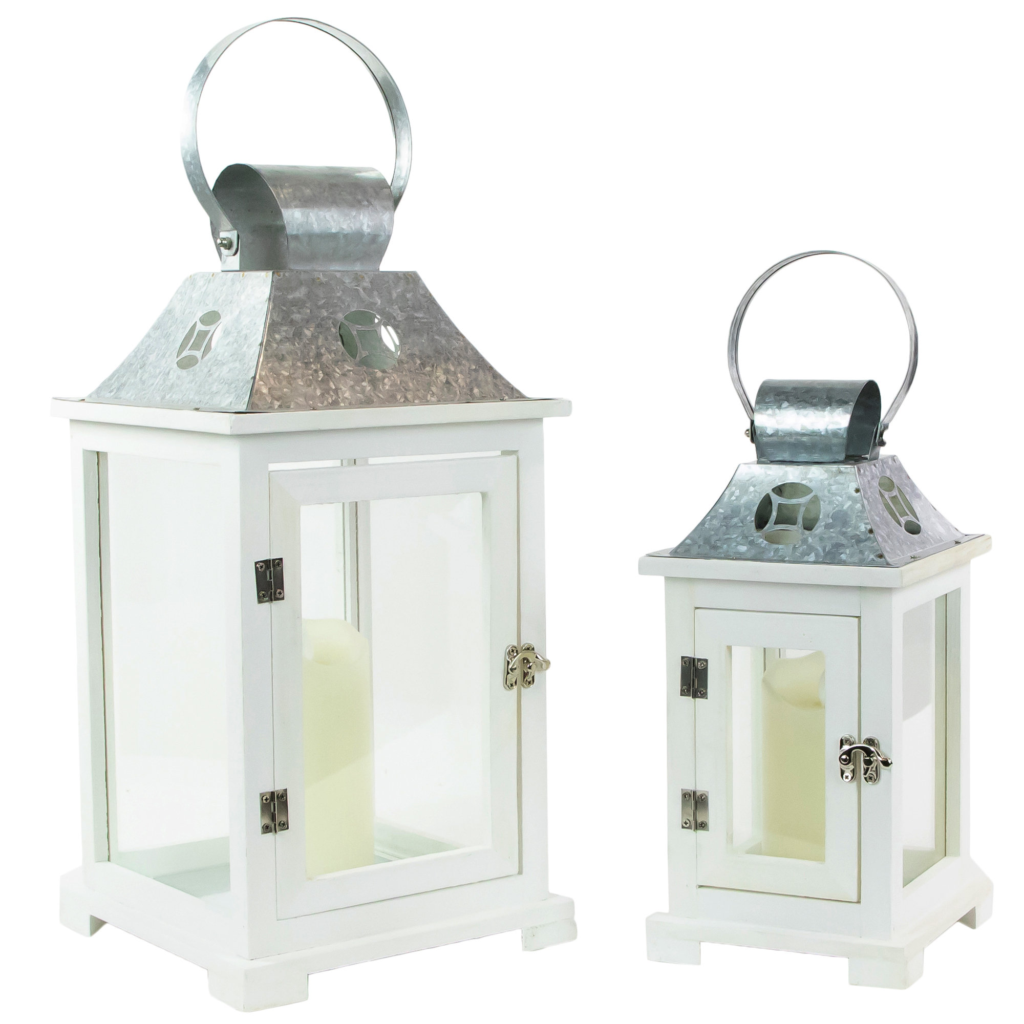 Northlight Seasonal White Wooden Candle Lanterns with Galvanized Metal ...