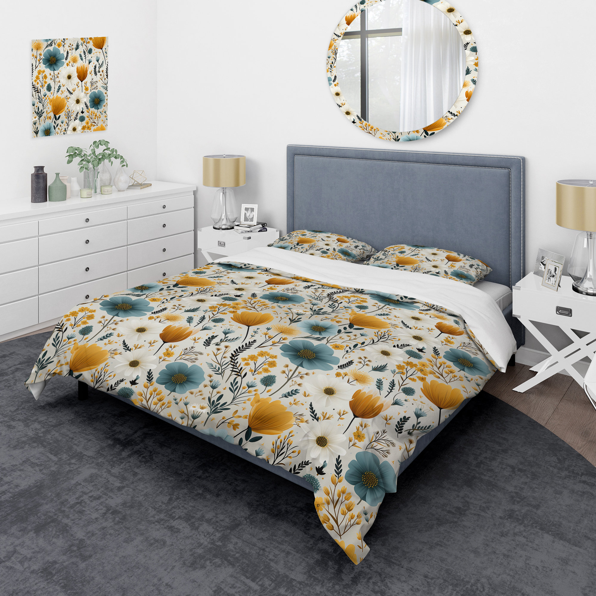 Design Art Yellow And Blue Nordic Blossom Serenity - Floral Duvet Cover ...