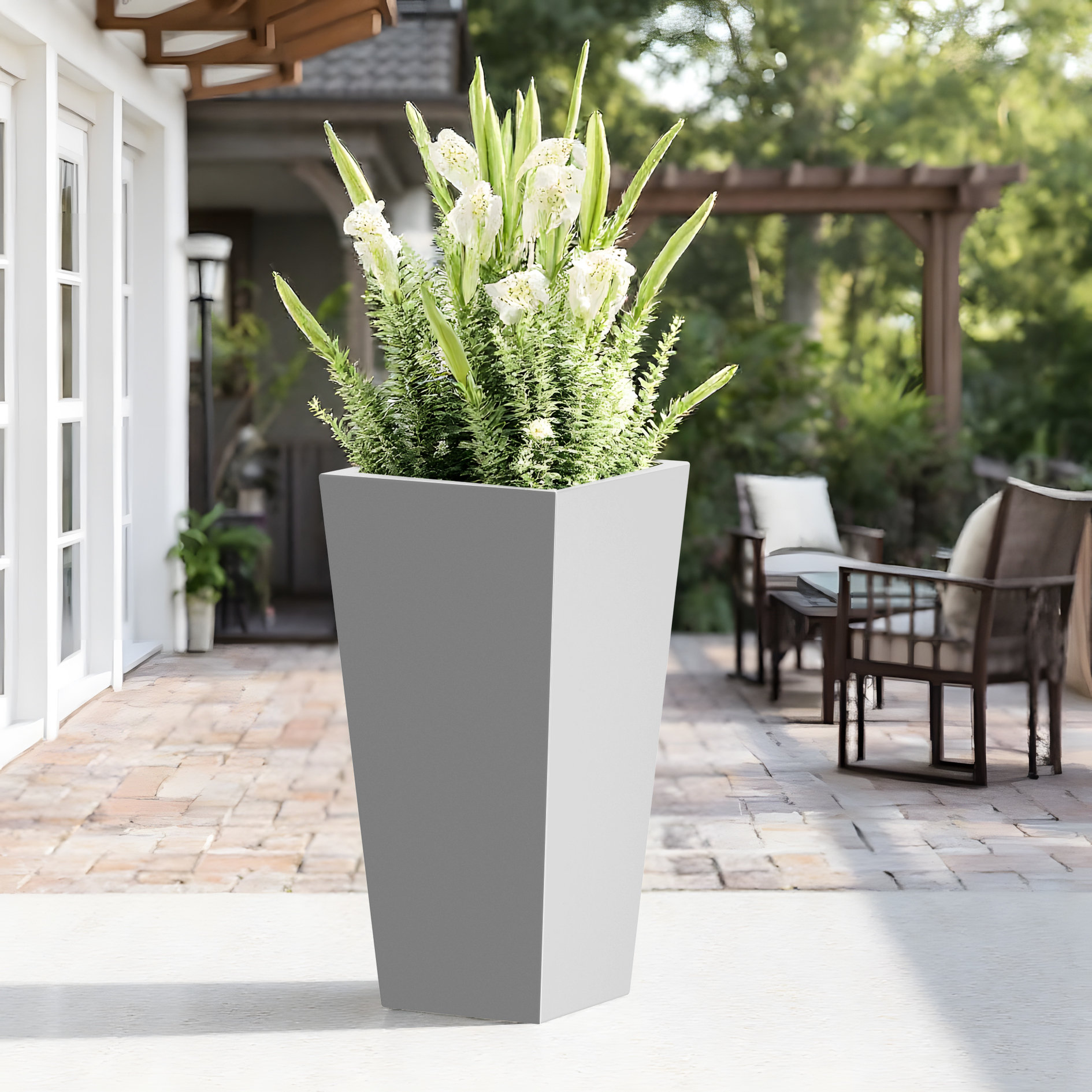 Arlmont & Co. 30" H Tall Metal Planter In Burnished Grey Finish - Large ...