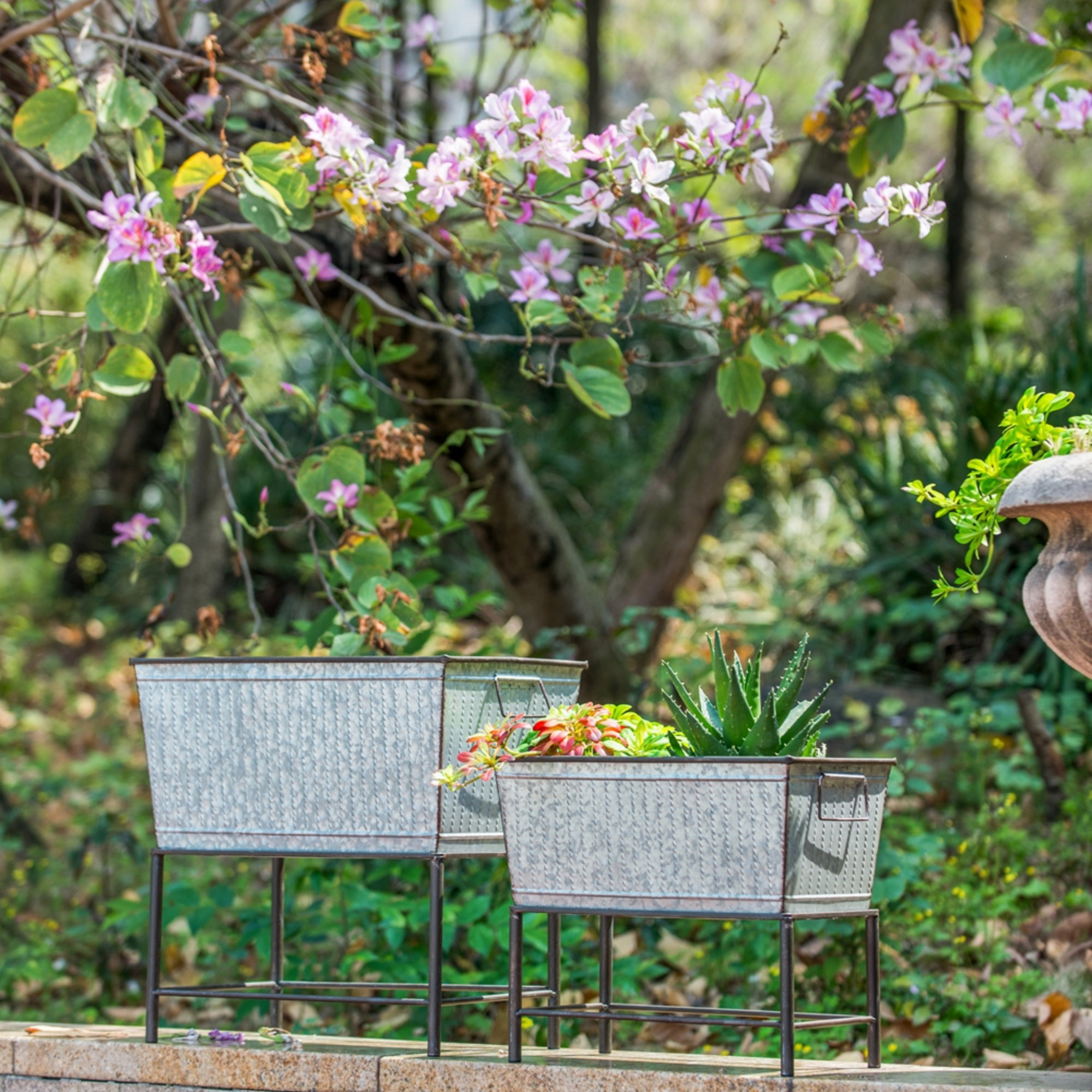 17 Stories Set of 2 Zale Rustic Metal Planters with Stands, L:20x12x19 ...