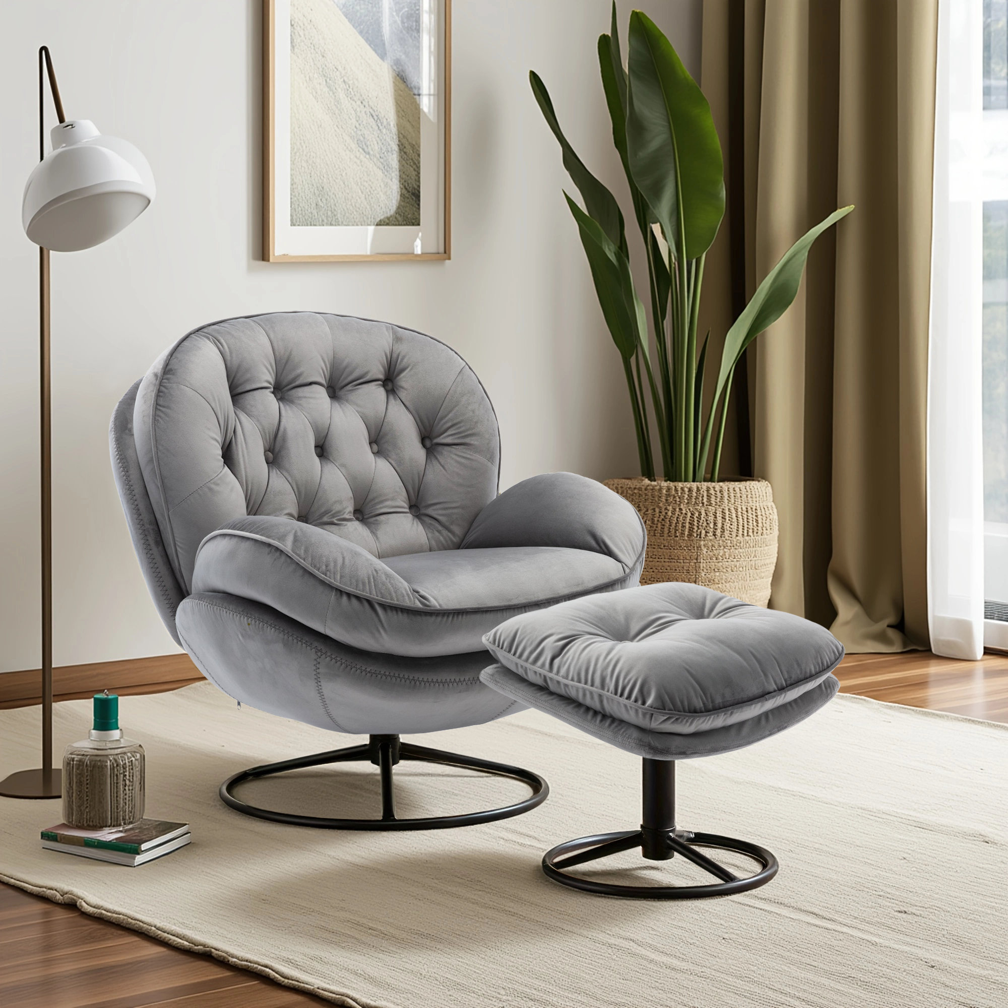 Grovelane Anouk Tufted Back Type Swivel Base Accent Chair with Ottoman ...