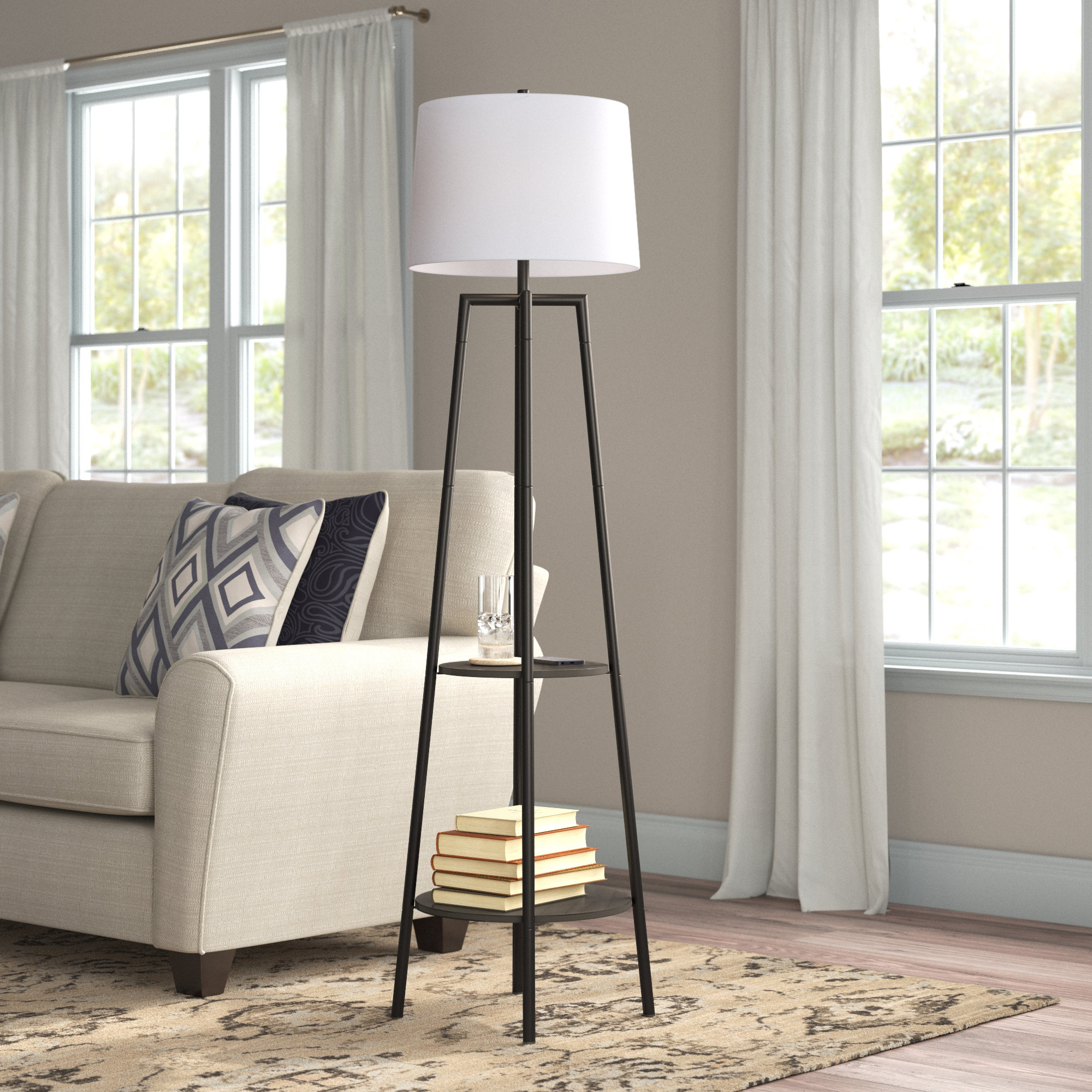 Three Posts™ Tristan 63" Metal Floor Lamp with Round Wood Shelves ...