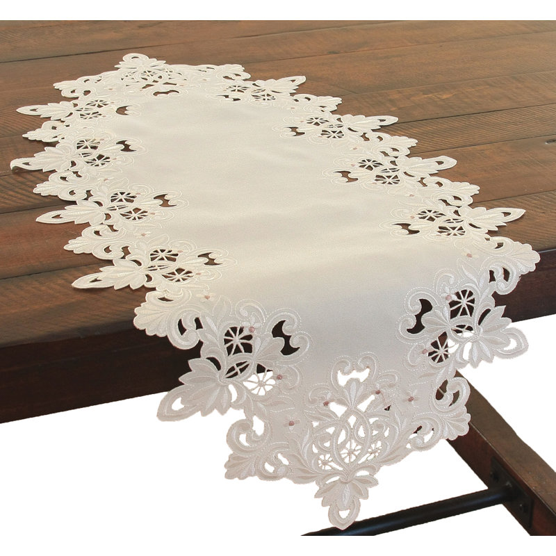 The Holiday Aisle® Victorian Lace Embroidered Cutwork Table Runner ...