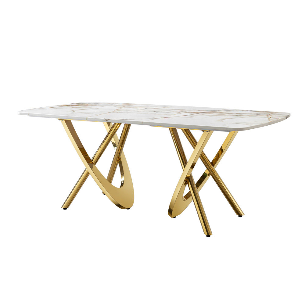 Everly Quinn MDF Marble Pattern Dining Table With Gold Stainless Steel ...