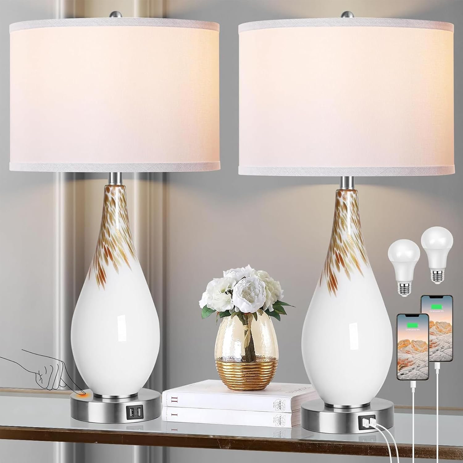 Ivy Bronx 27.5" Glass End Table Lamps Set Of 2, Tall Bedside Lamps With ...