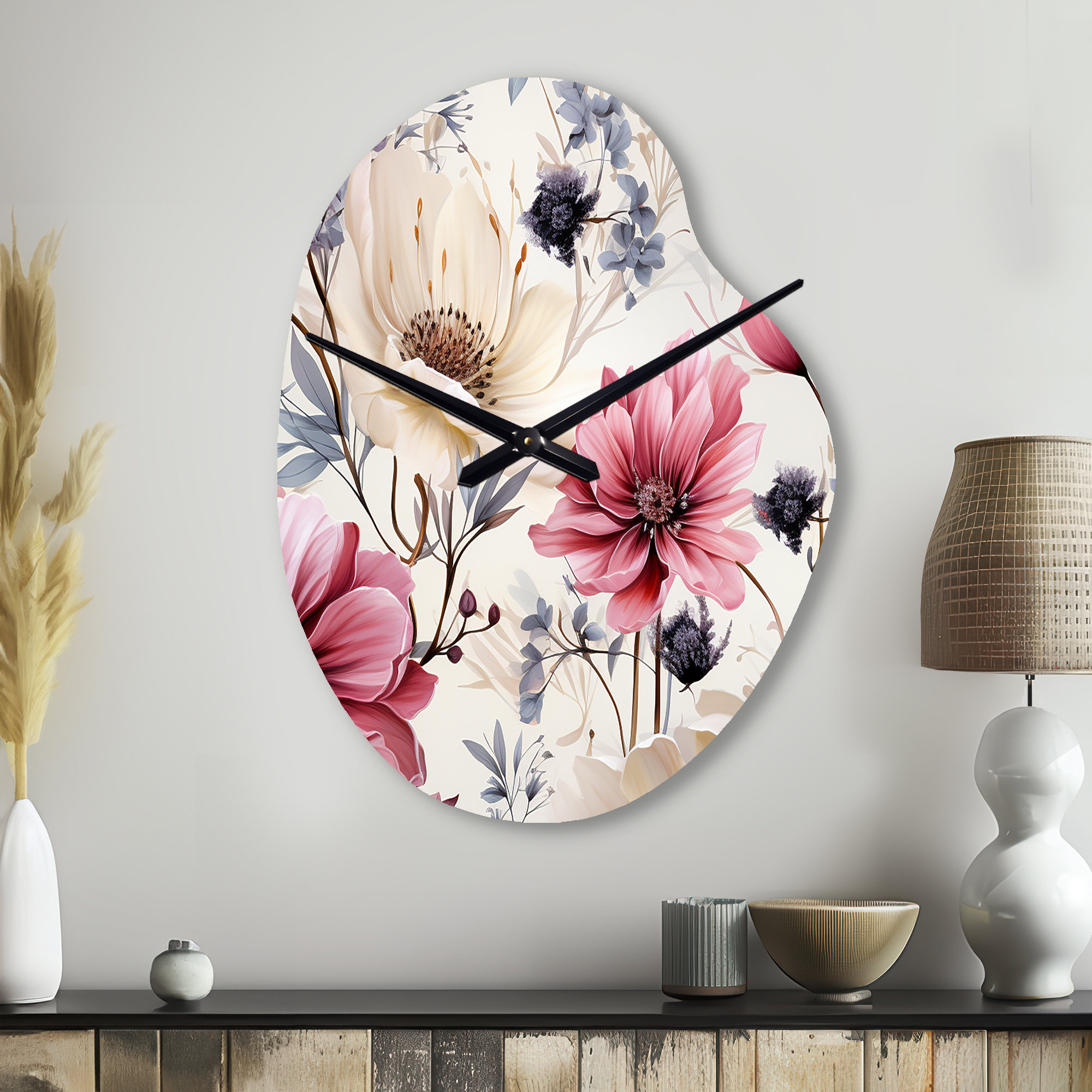 Design Art Pink And Beige Wildflower Paradise - Floral Asymmetrical ...
