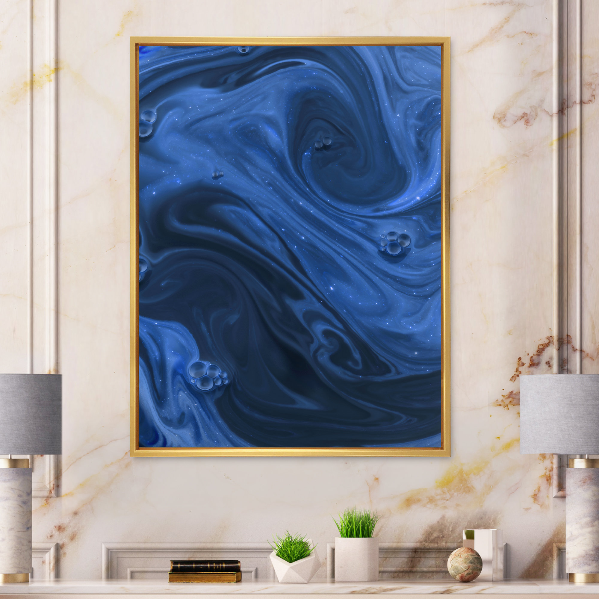 Wrought Studio Abstract Dark Blue Marble Art Framed On Canvas Print ...