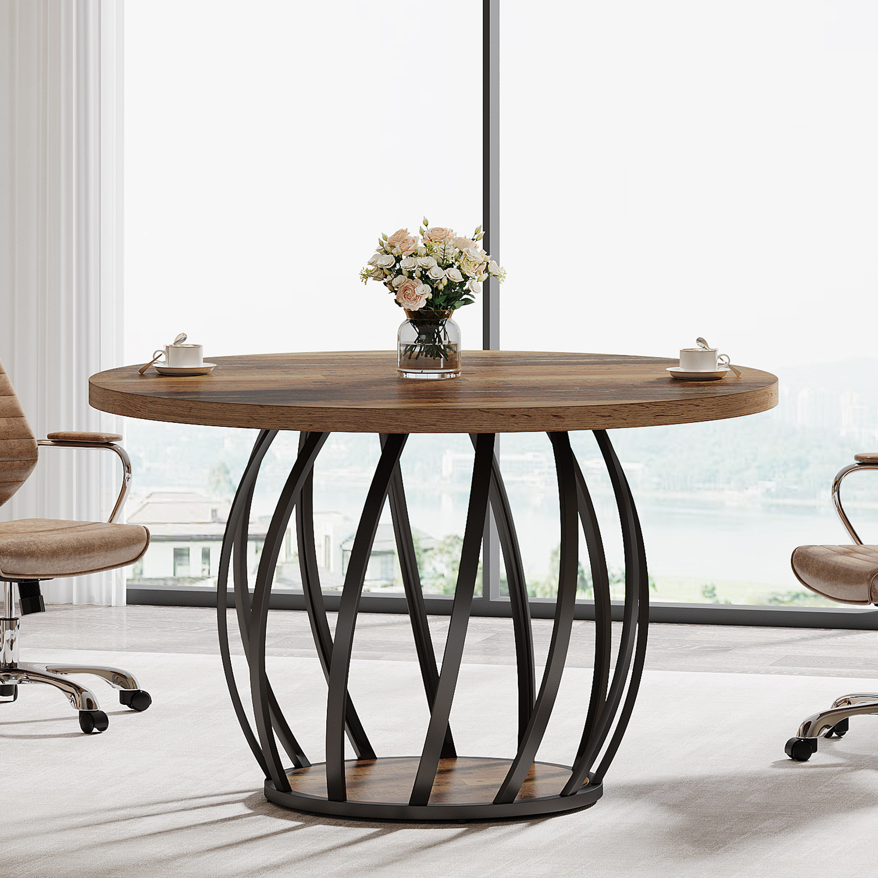 17 Stories Round Conference Room Table, 46.46'' Small Wooden Office ...