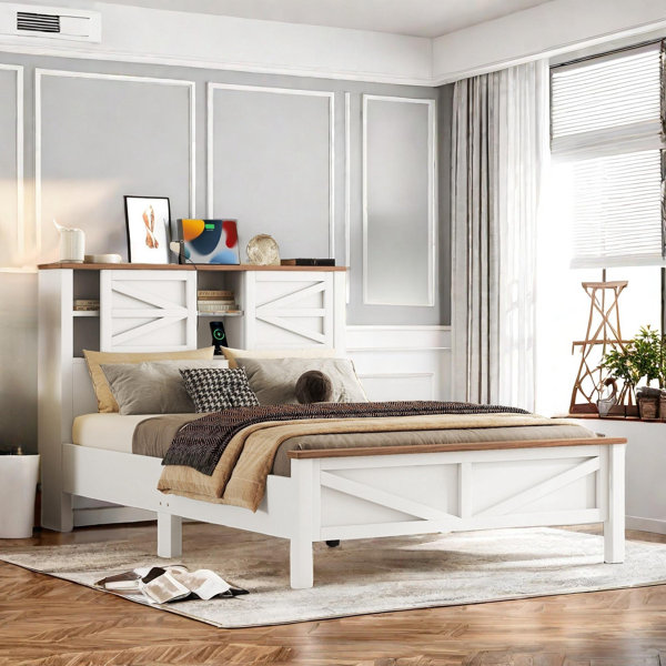 Gracie Oaks Farmhouse Platform Bed With Double Sliding Barn Doors And ...