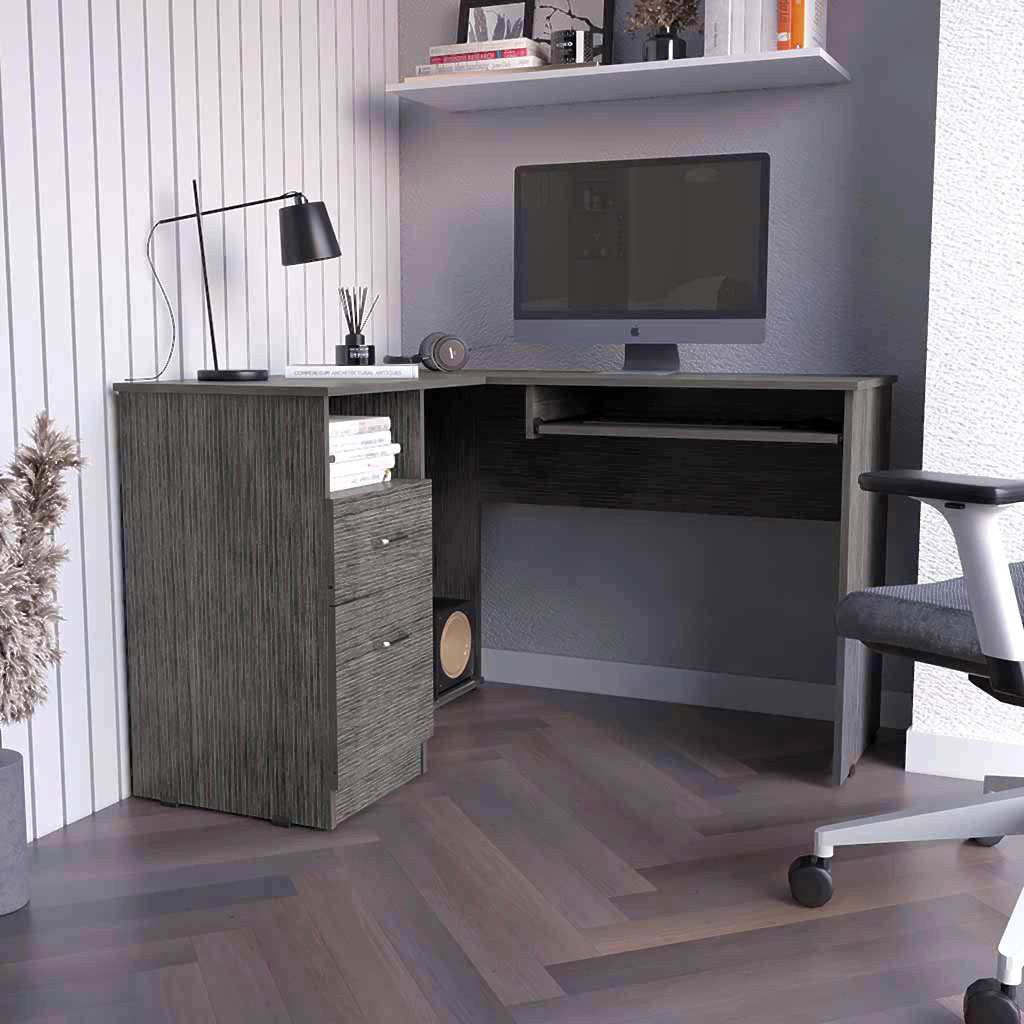 Latitude Run® L-Shaped Desk, Keyboard Tray, Two Drawers, One Open Shelf ...