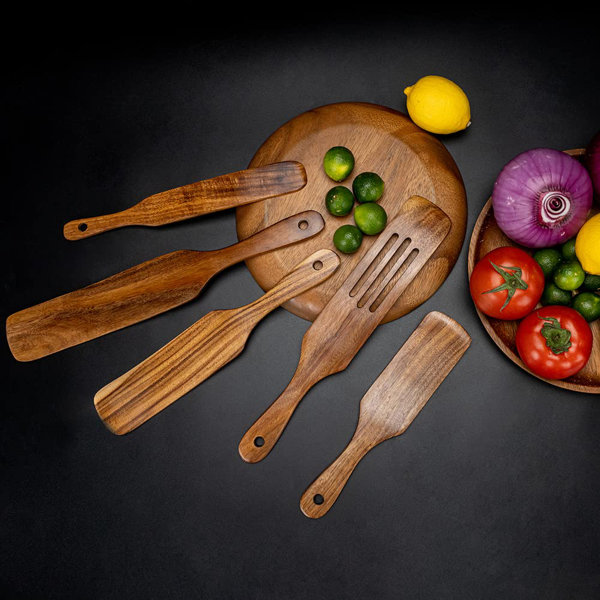 Union Rustic Wooden Cooking Utensils Set Of 5 Piece Teak Style Kitchen ...