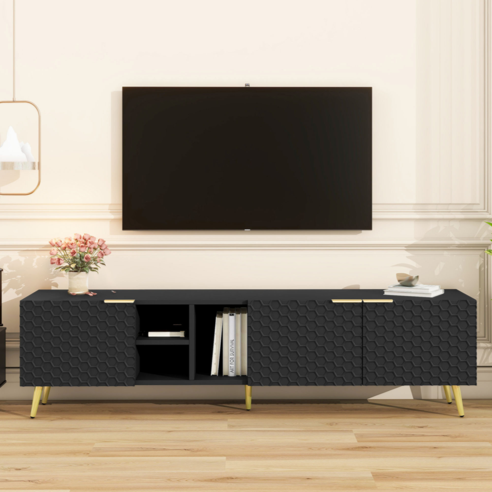 Mercer41 Modern Minimalist Geometric TV Cabinet With Metal Handles And ...