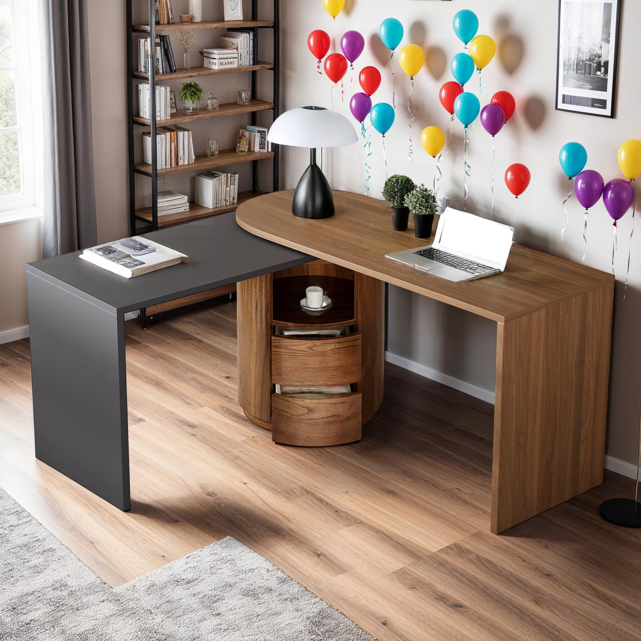 Latitude Run® Walnut & Dark Gray 59" L-Shaped Executive Desk with 360 ...