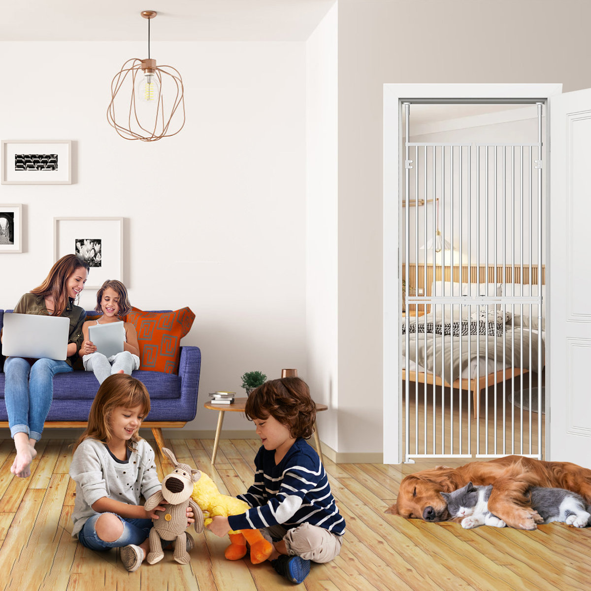 JTANGL Extra Tall Pet Gate, No Drill Pressure Mounted, Walk Through ...