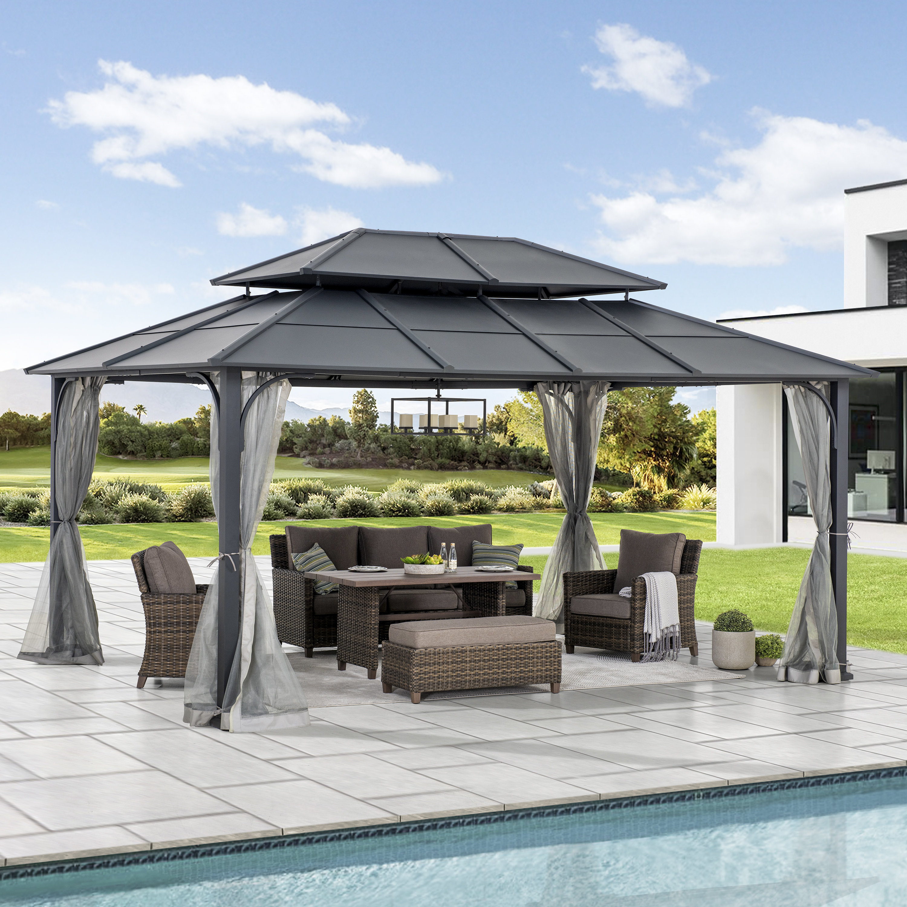 Sunjoy Hardtop Gazebo 12 x 16 ft. Outdoor Gazebo, Heavy Duty Steel Frame Gazebo, Double Tiered ...