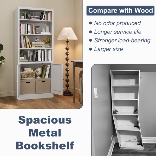 Latitude Run® 55" Metal Bookshelf with Doors, Freestanding Storage Rack ...