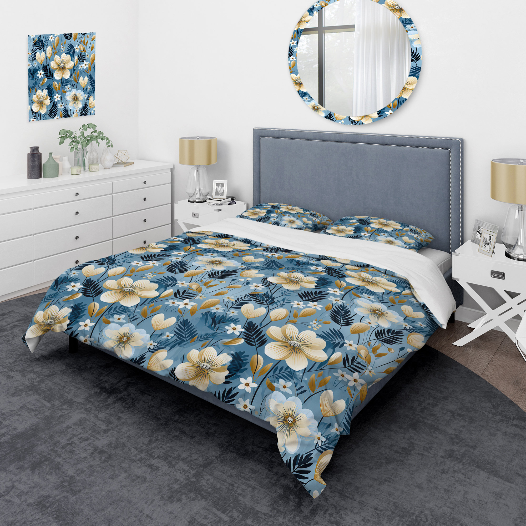 Design Art Blue Coastal Harmony Floral Pattern IX - Floral Duvet Cover ...