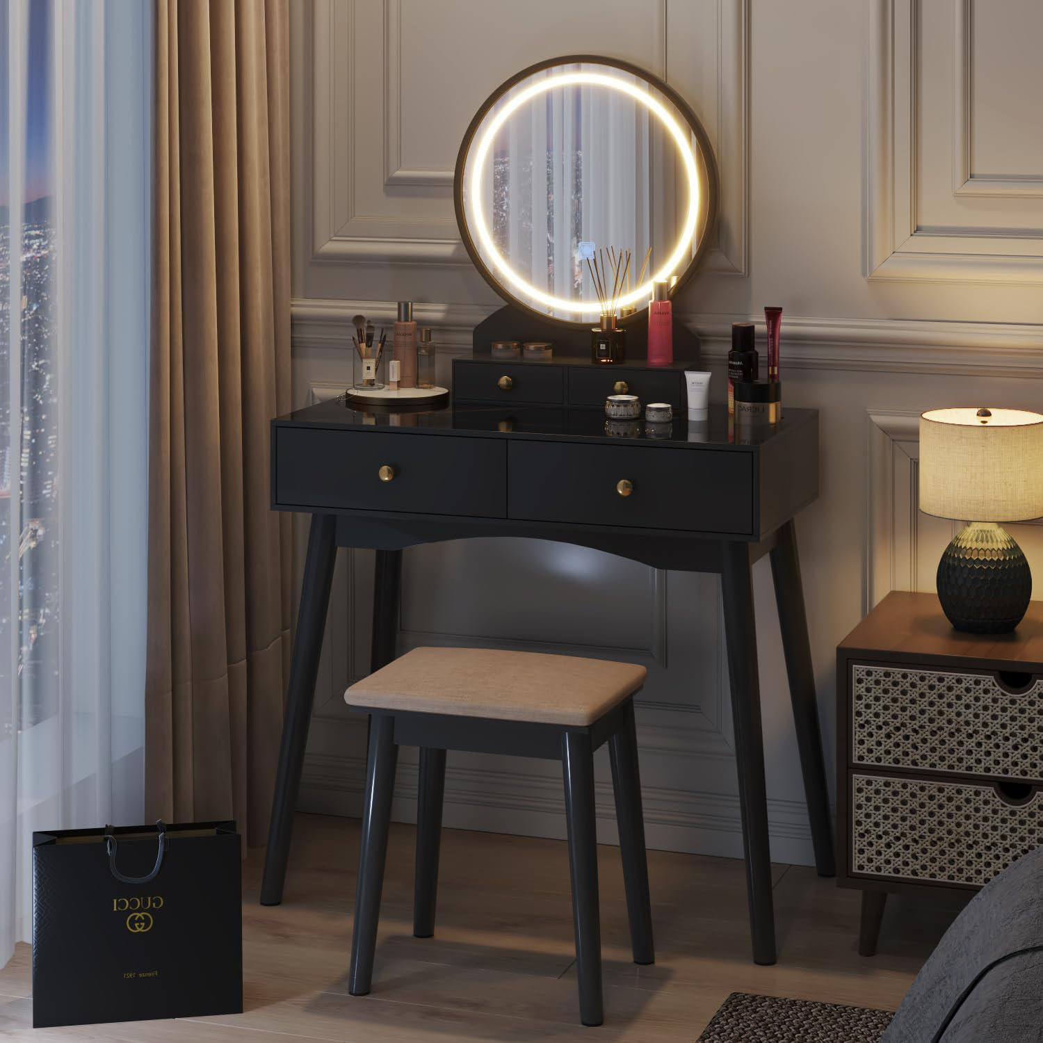 George Oliver Makeup Vanity Desk With Chair & Three-Color Led Lighted ...