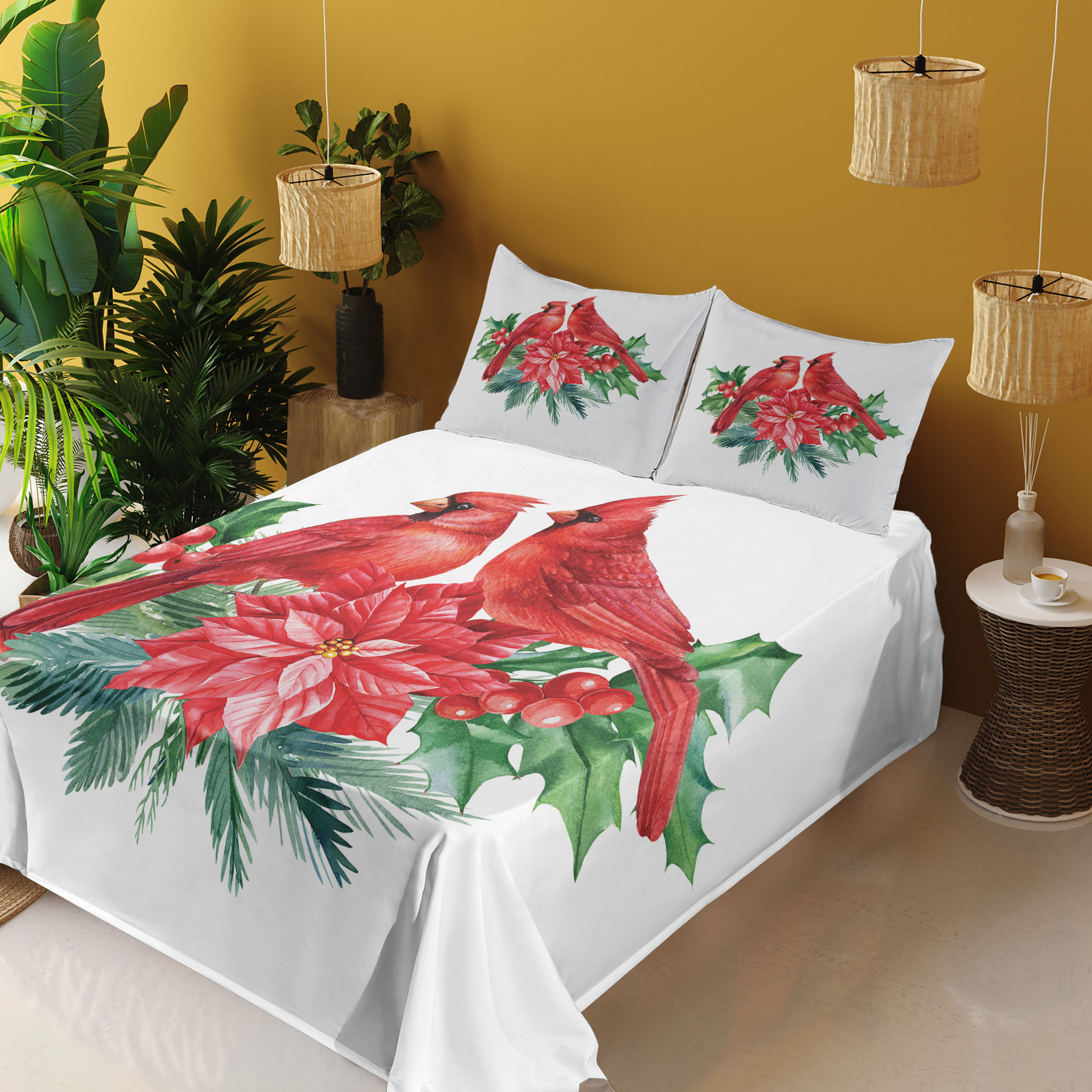 Ambesonne Cardinal Sheet Set Birds Leaves Flower Art Vermilion Fern ...