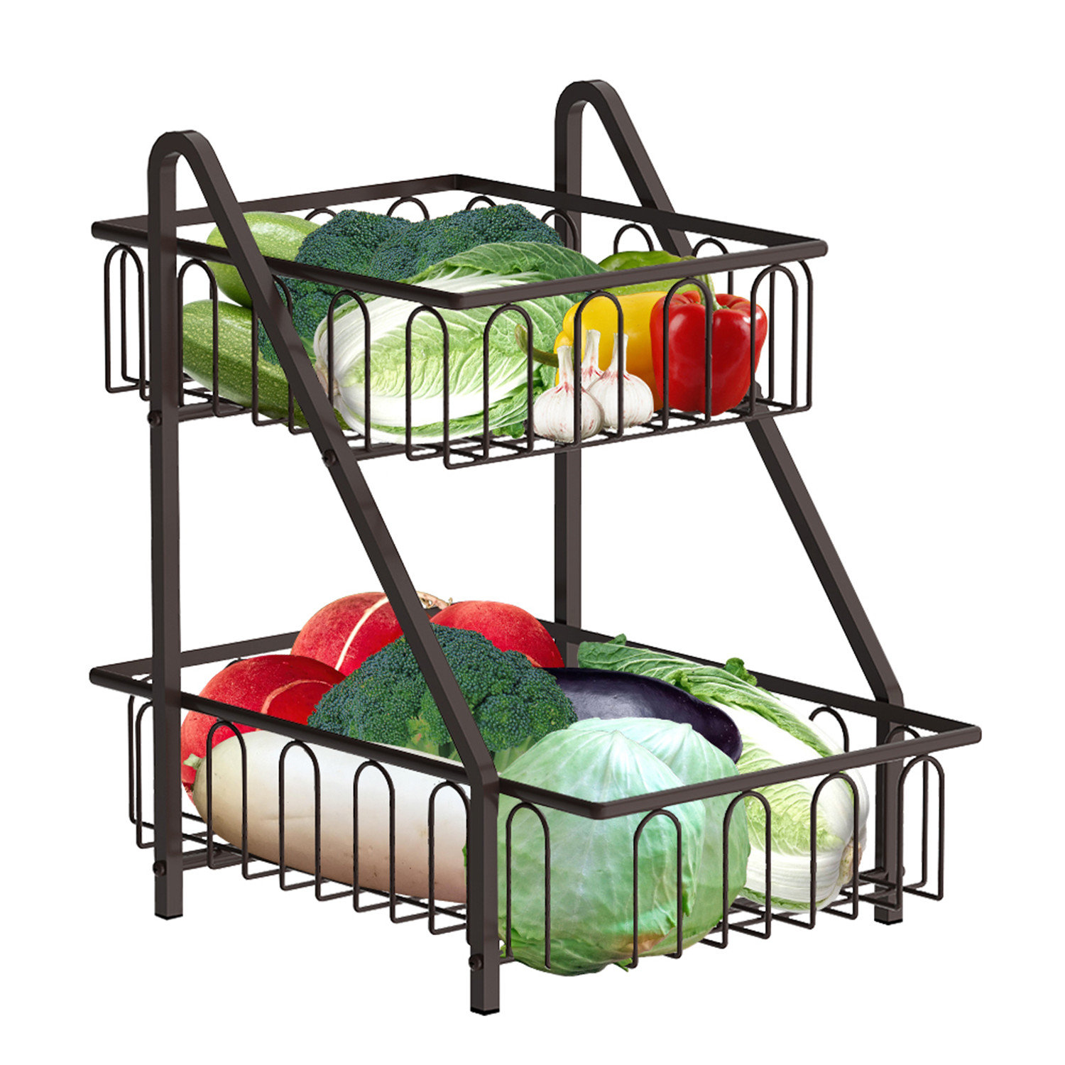 Prep & Savour 2 Tier Metal Fruit Basket Holder With Handle For Kitchen ...