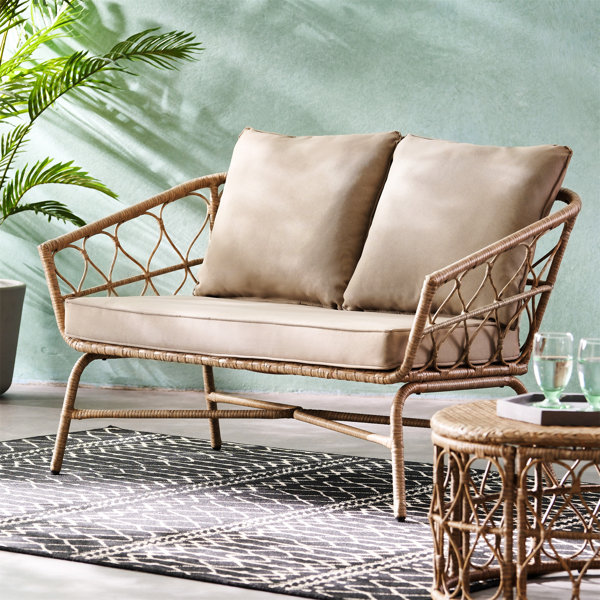 Beachcrest Home Raynette Outdoor Wicker Loveseat with Cushions ...