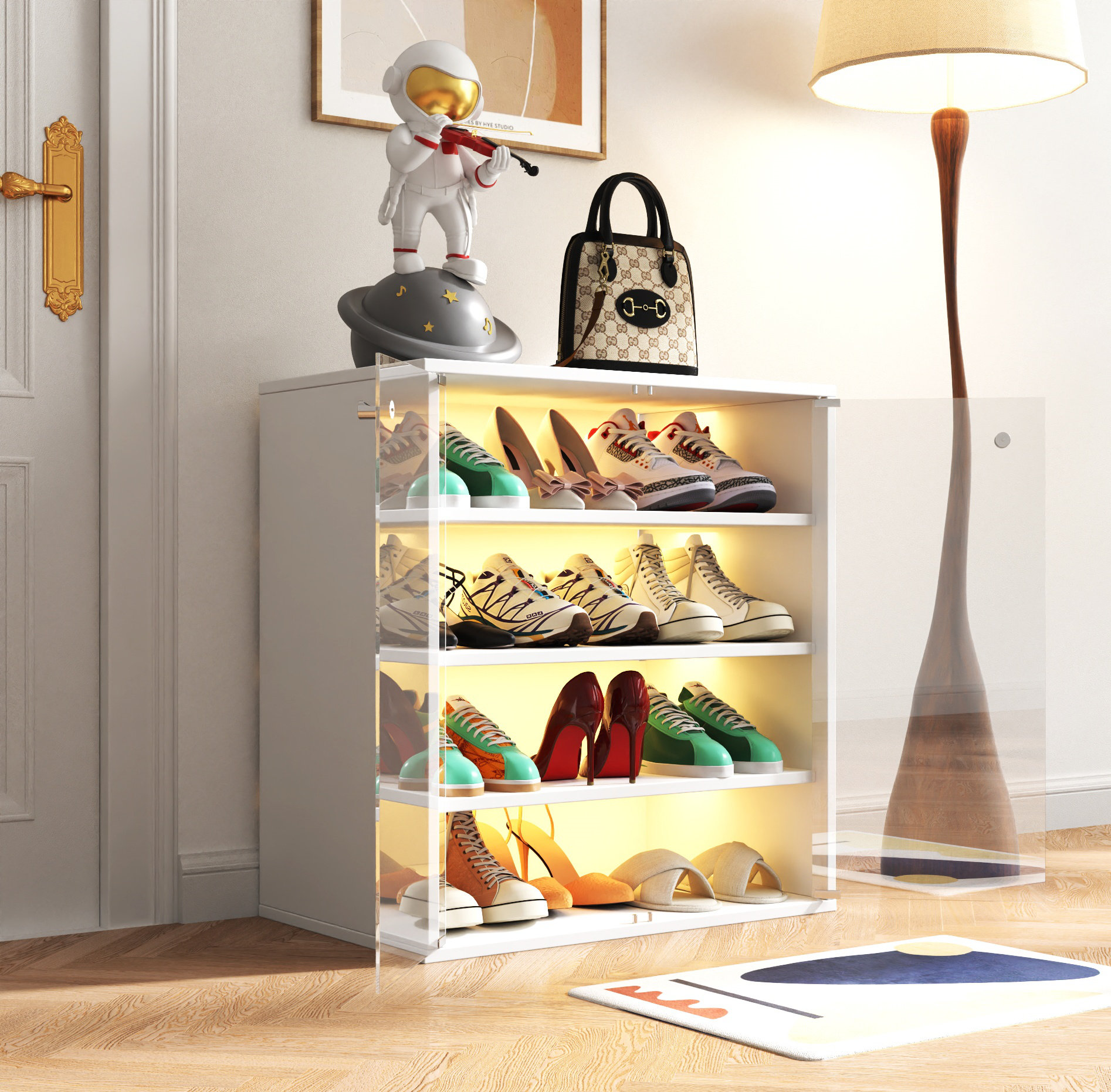 Latitude Run® Shoe Box with RGB LED Light, Wooden Stackable Shoe ...