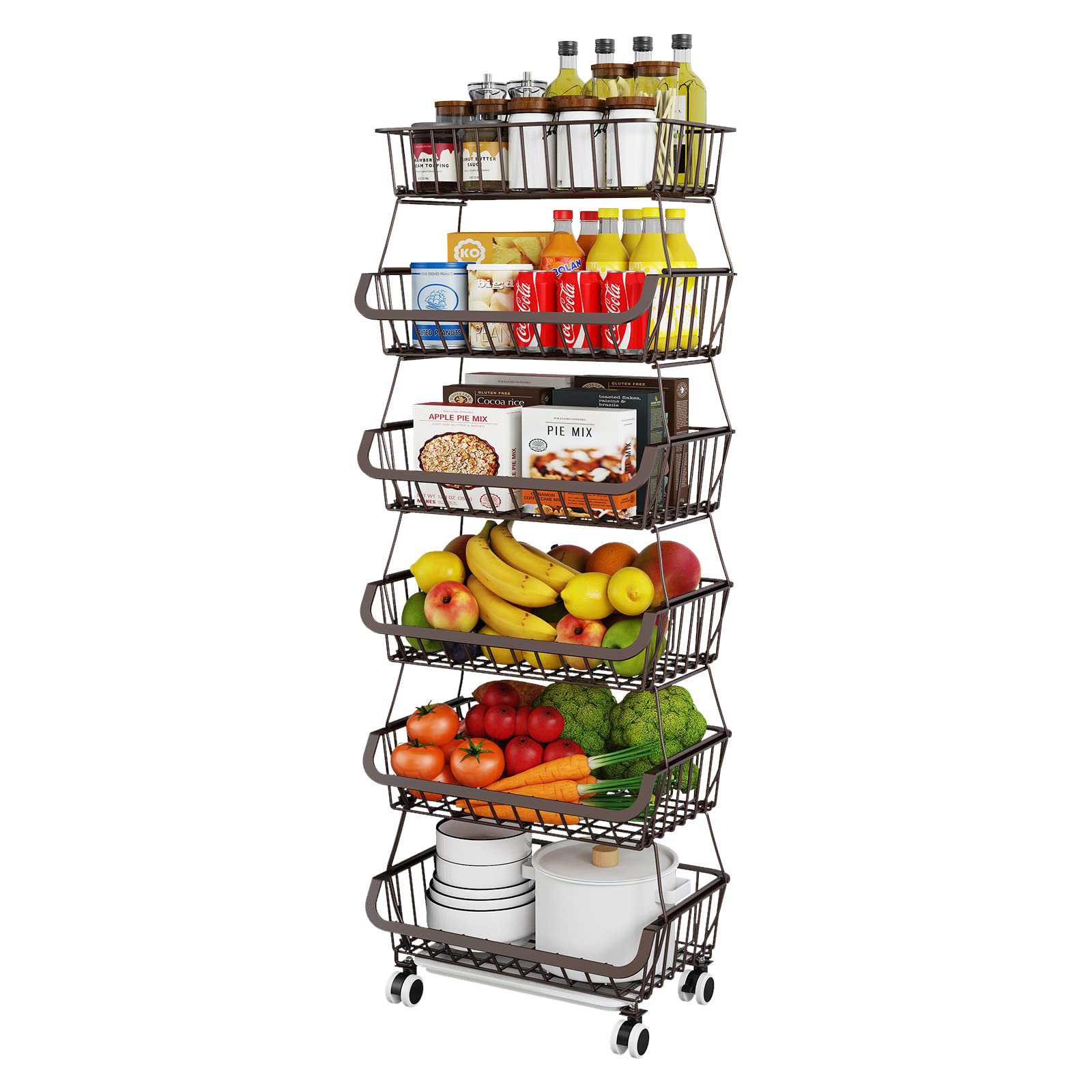 COAHAHA 6-Tier Metal Rolling Storage Basket, Stackable Organizer With ...