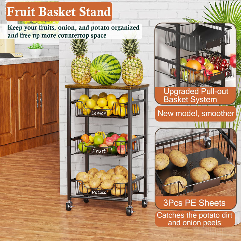 17 Stories 4-Tier Metal Kitchen Storage Cart on Wheels with Pull-Out ...