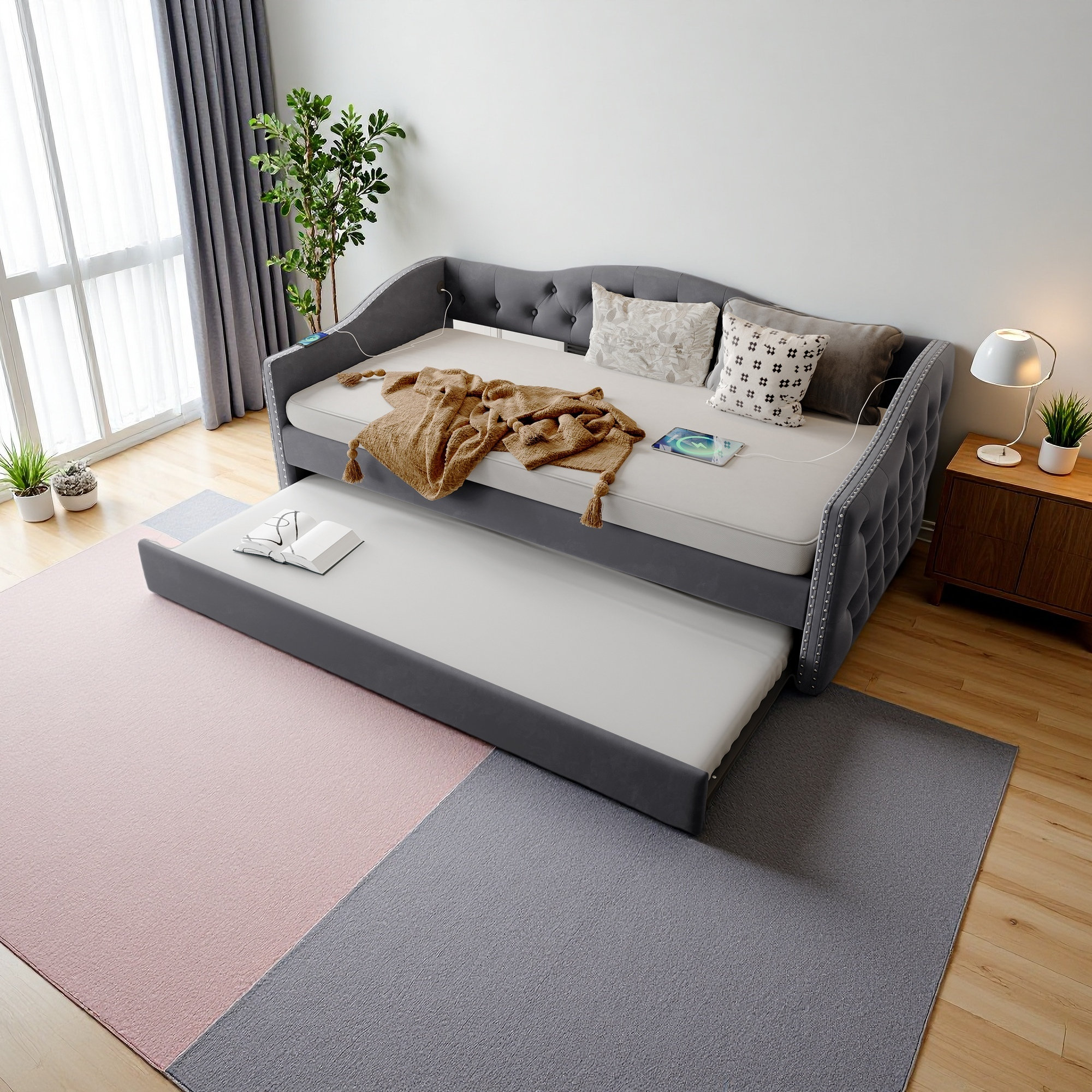 House of Hampton® Twin Size Upholstered Daybed With Trundle And USB ...