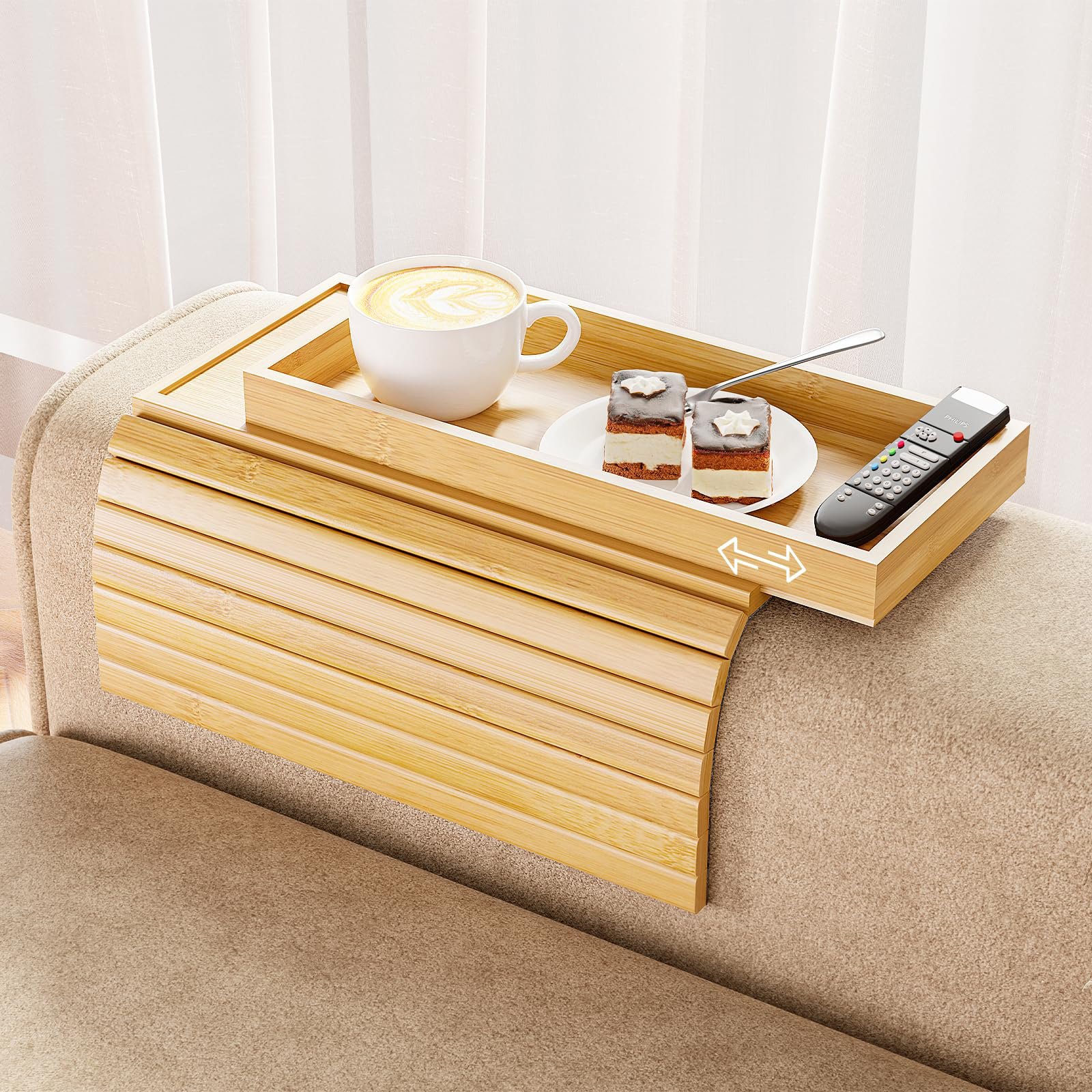 Ebern Designs Bamboo Sofa Armrest Tray Table For Couch - 2-In-1 Couch ...