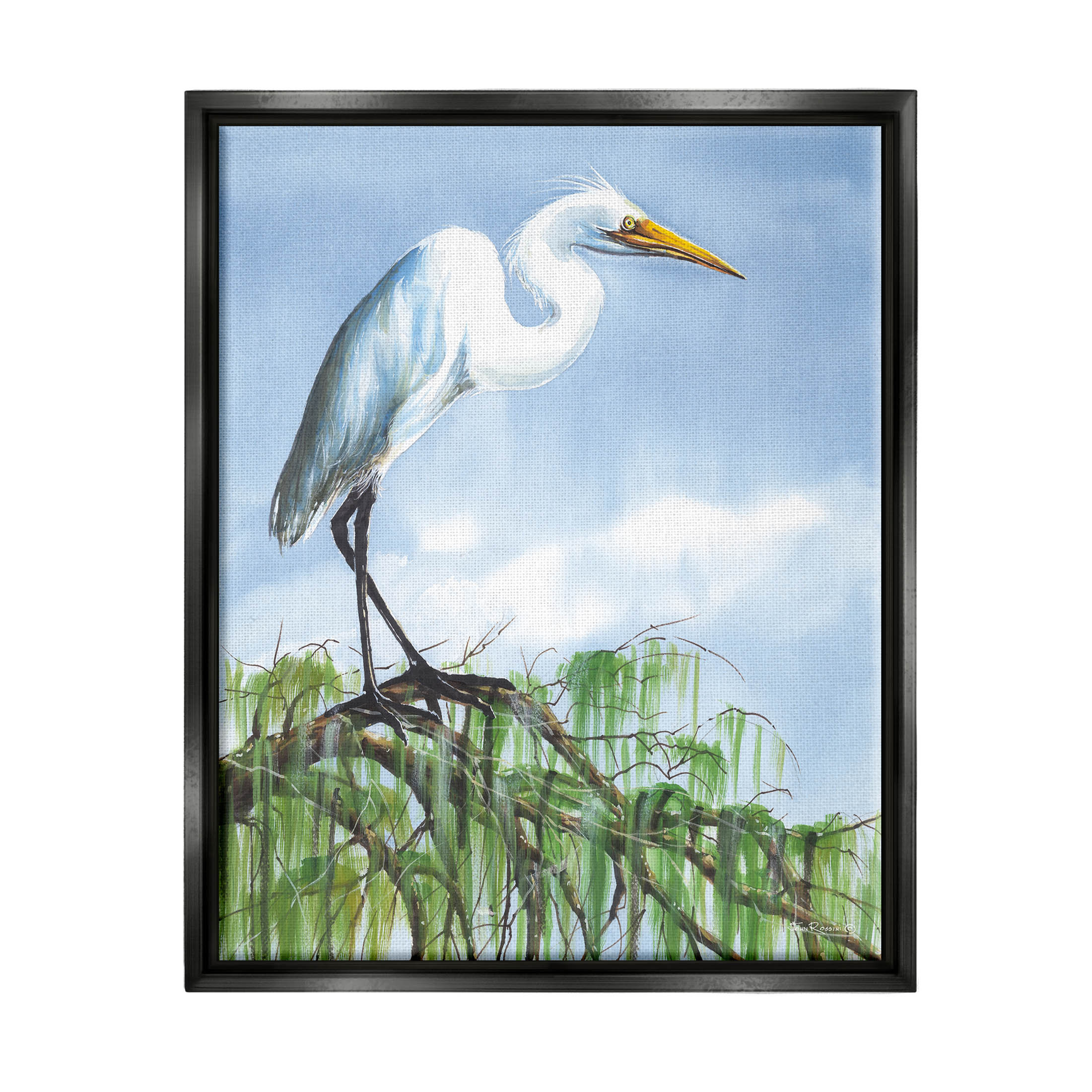 Dovecove Egret Bird Balancing Branch - Floater Frame Painting on Canvas ...
