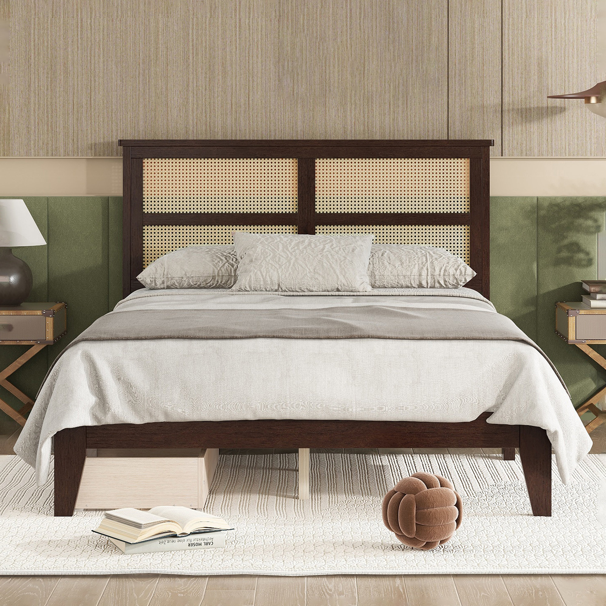 Bay Isle Home™ Solid Wood Platform Bed With Rattan Inset Headboard, 2 ...